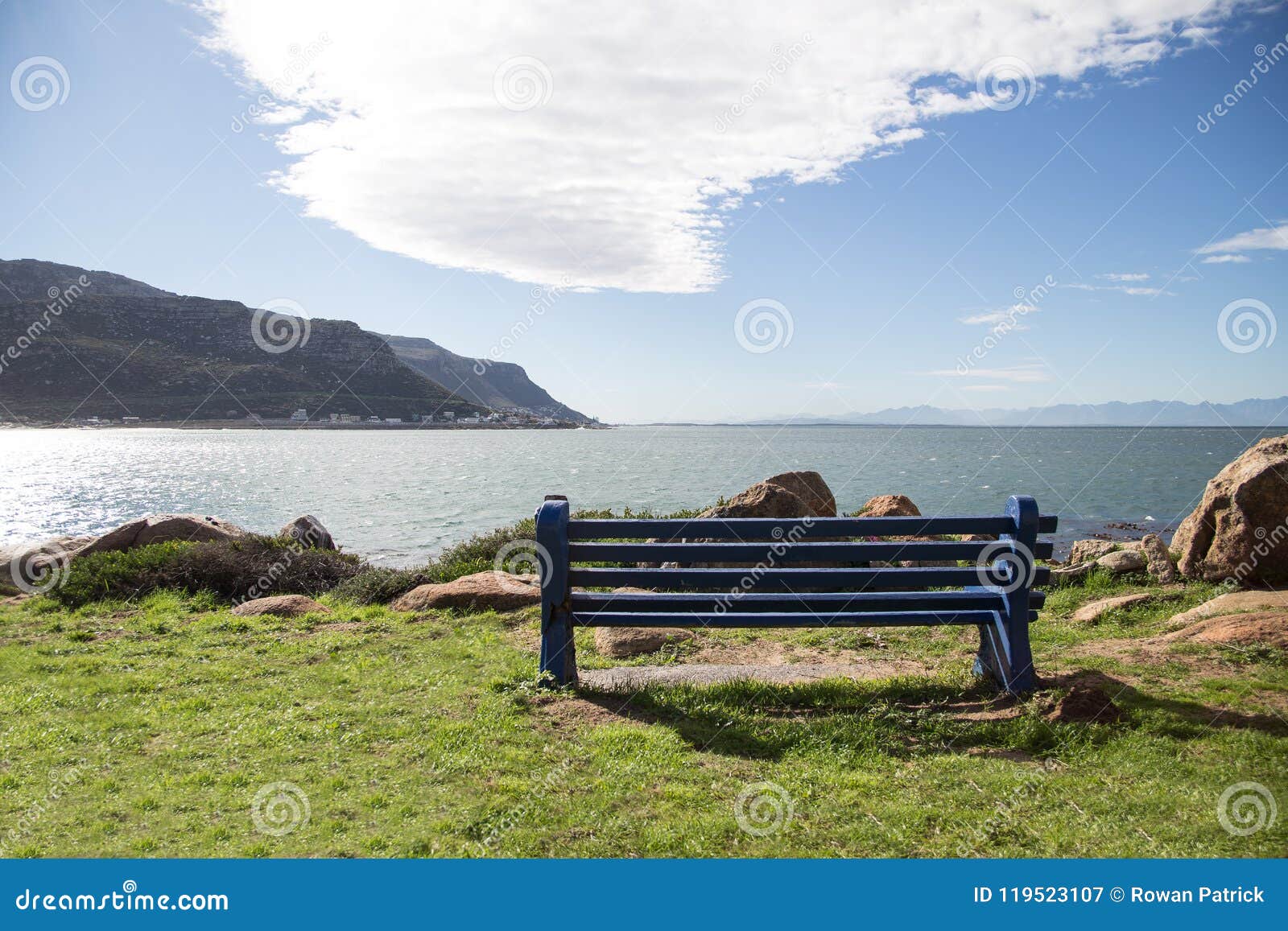 Ocean Side Blue Bench stock image. Image of coast, peaceful - 119523107