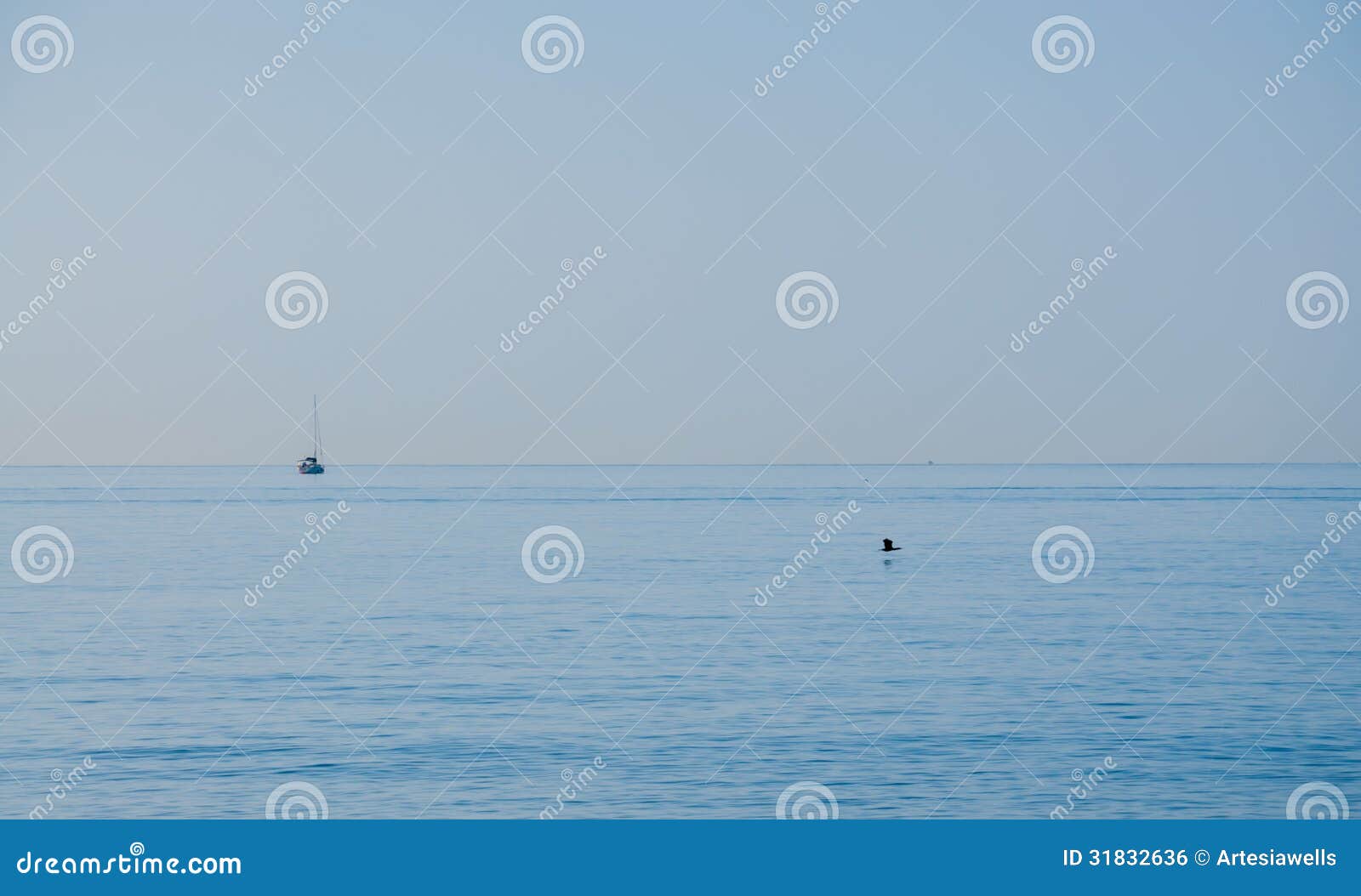 Ocean and Sky with Boat and Bird Stock Photo - Image of concept, quiet ...