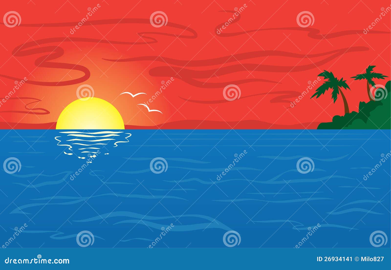 Ocean Sunset stock vector. Illustration of ripples, palm - 26934141