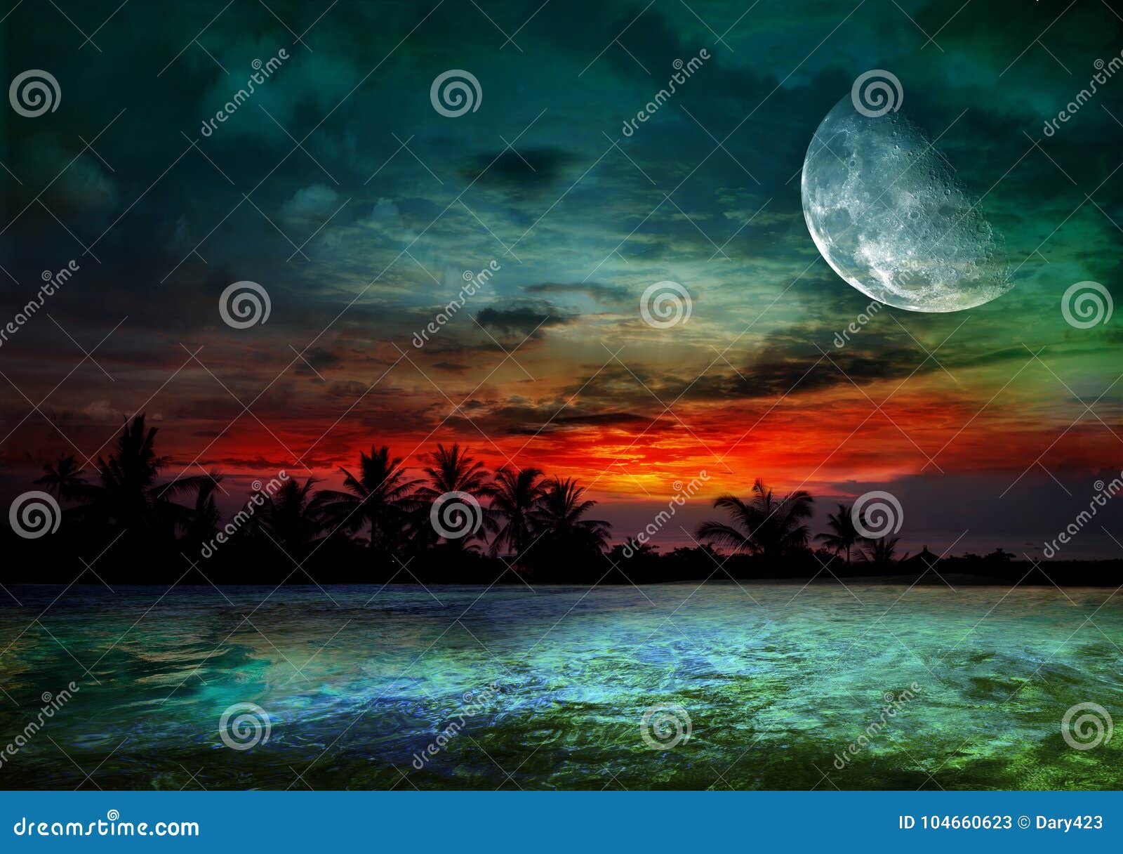 The ocean, sunset and moon stock image. Image of romance - 104660623