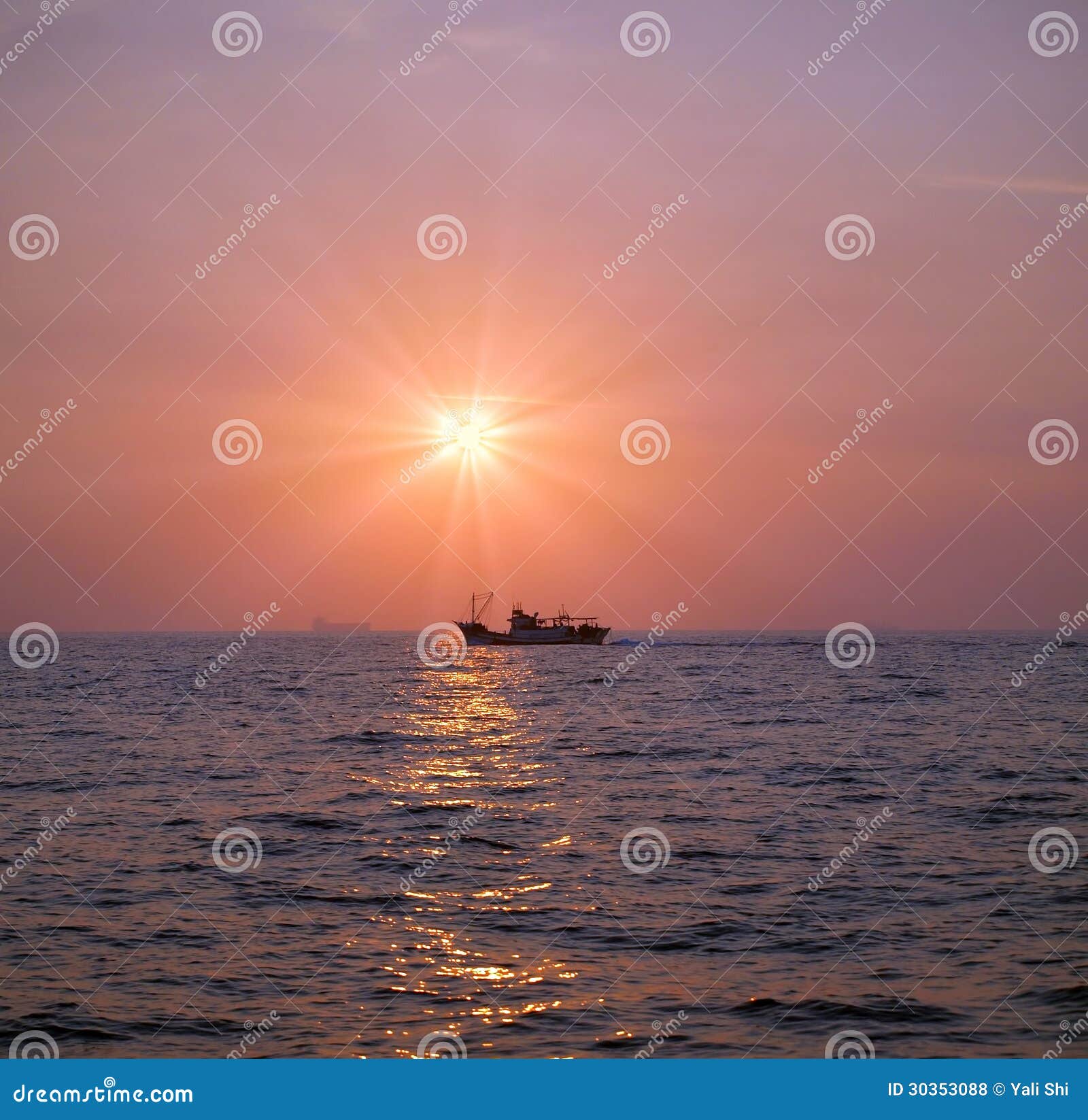 Ocean Sunset with Ship stock photo. Image of golden, sunset - 30353088