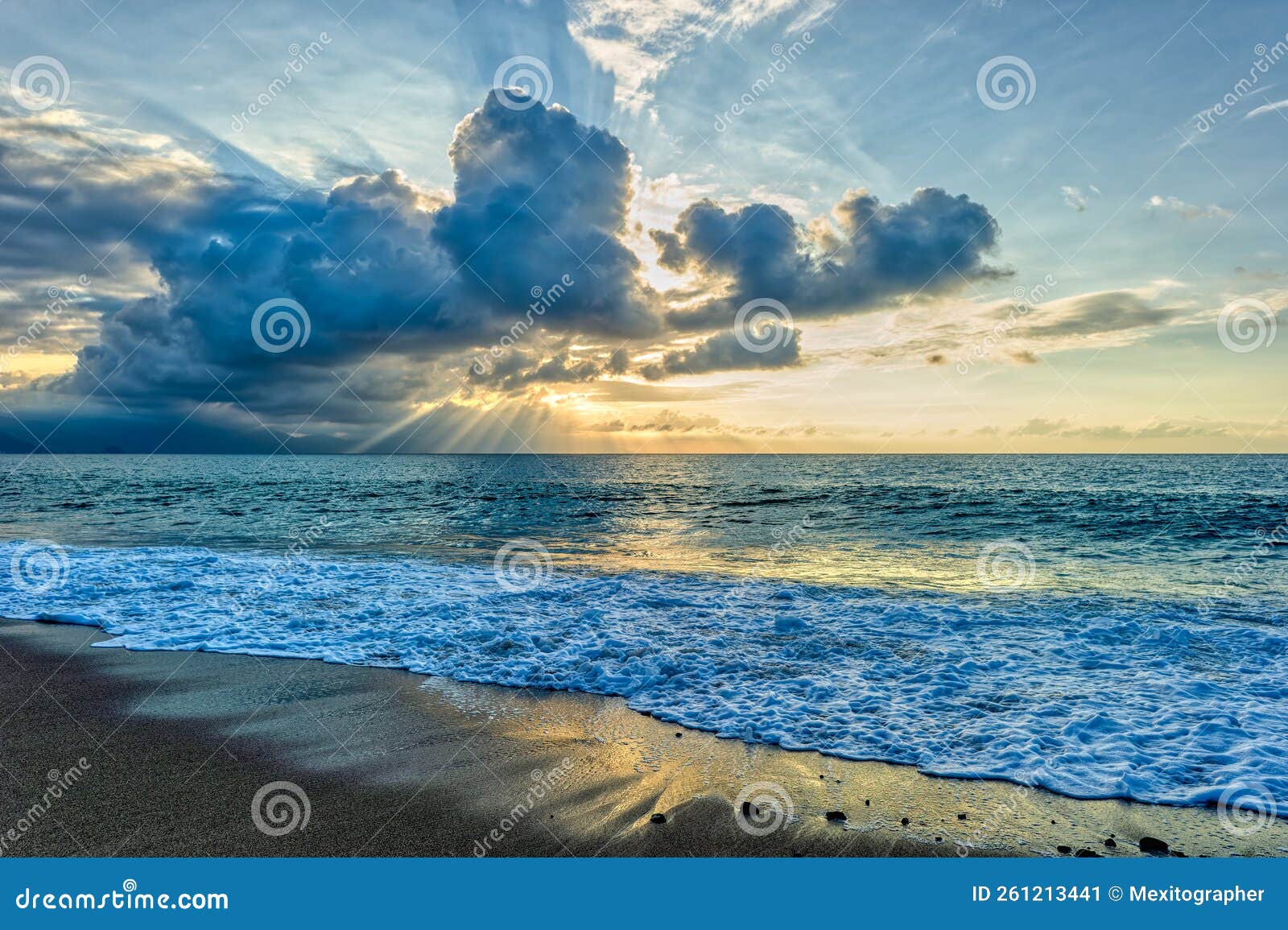 Ocean Sunset Sun Rays Emanating through Inspirational Clouds Stock ...