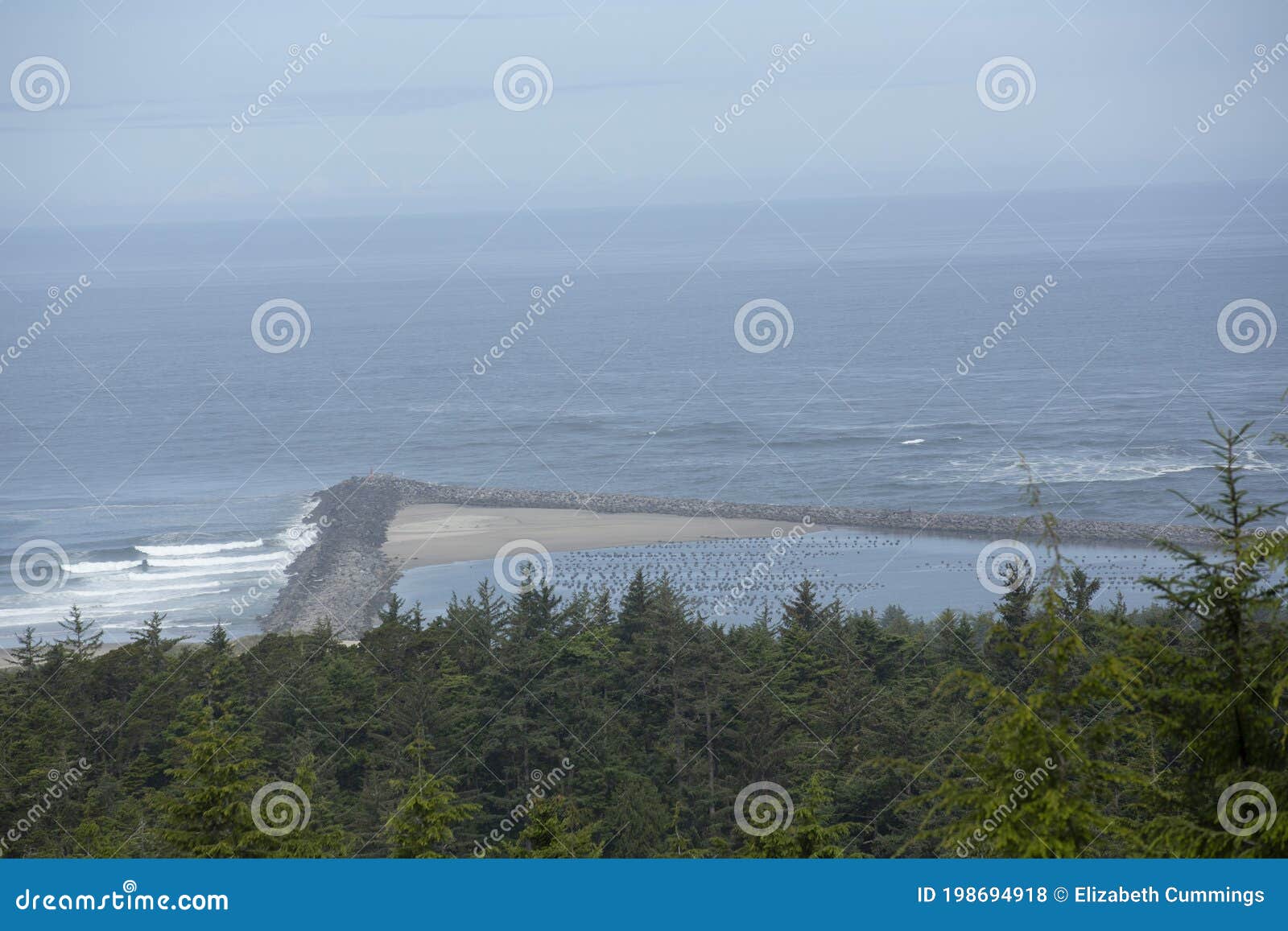 Ocean View Beyond Tree Wall. Vee Shaped Break Made of Rocks and Cement ...