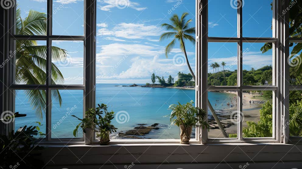 Ocean View from Bungalow Window. Generative AI. Stock Illustration ...