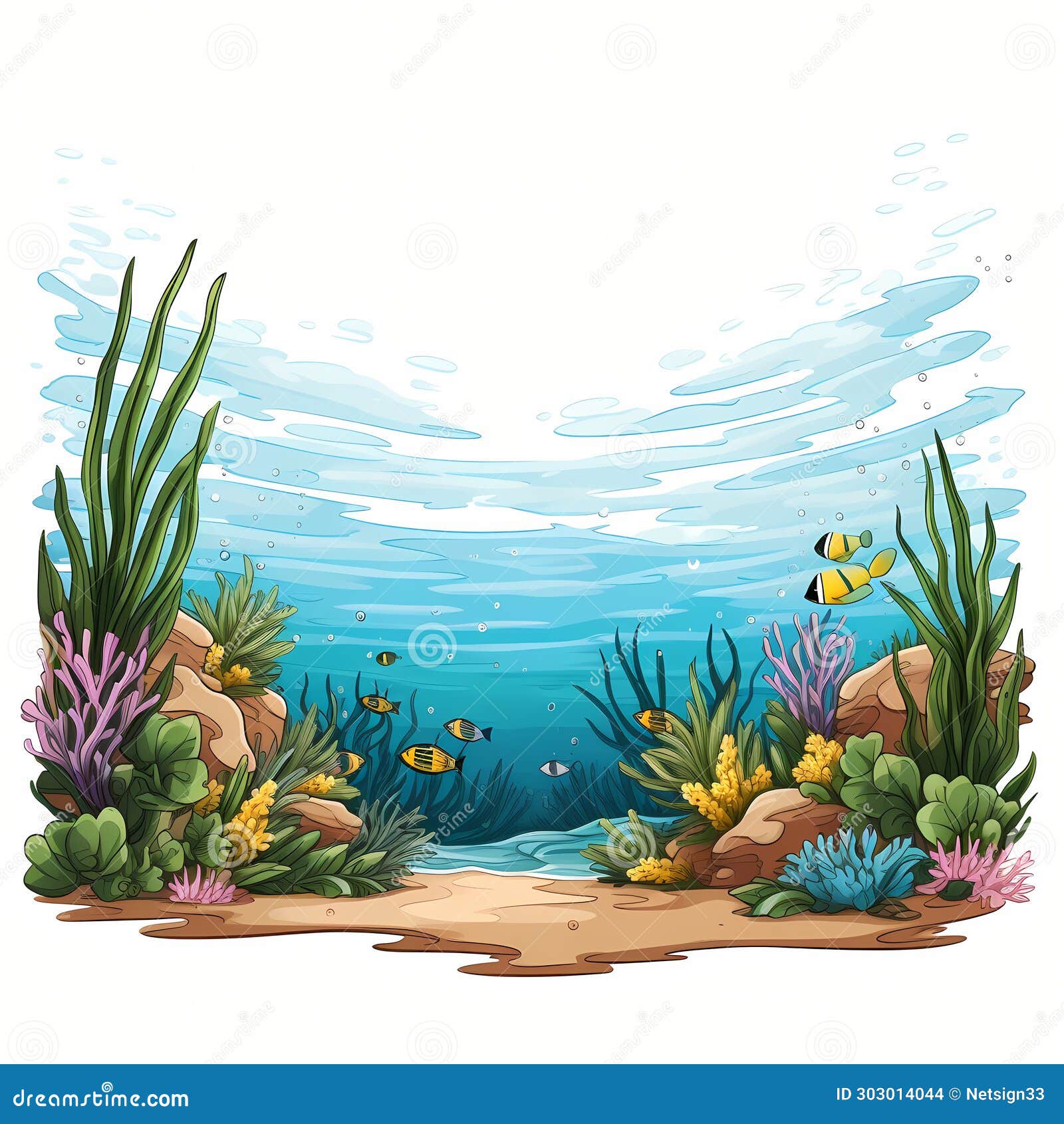 A Ocean View Illustration, a Cartoon of a Seabed with Fish and Plants ...