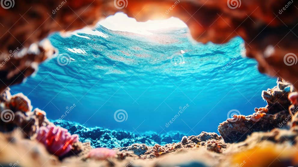Ocean View from Inside an Underwater Cave Stock Illustration ...