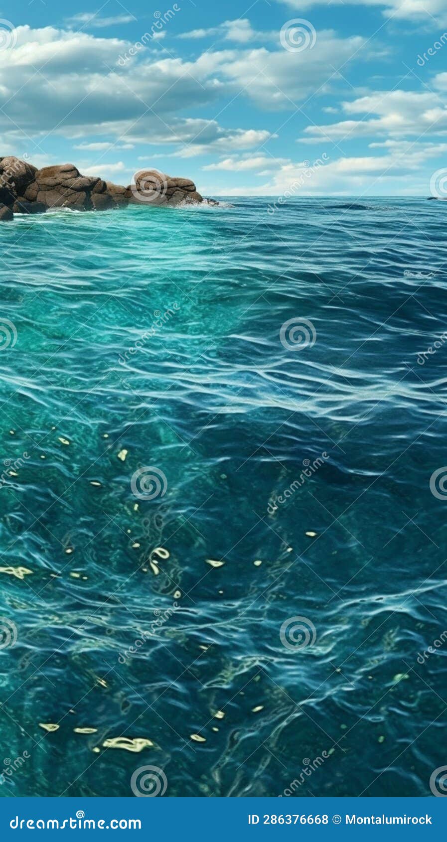 Ocean Blue Water Wave Beach with Clouds, Rocks and Sand. Nature Theme ...