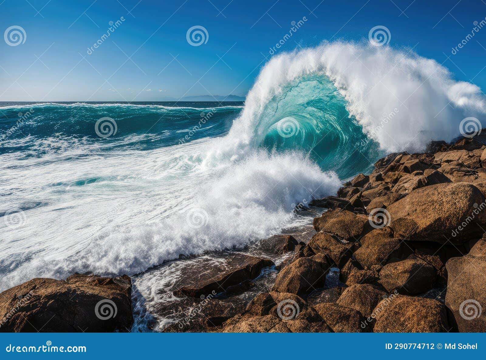 An Ocean Wave Breaking on a Rocky Shore. Stock Illustration ...