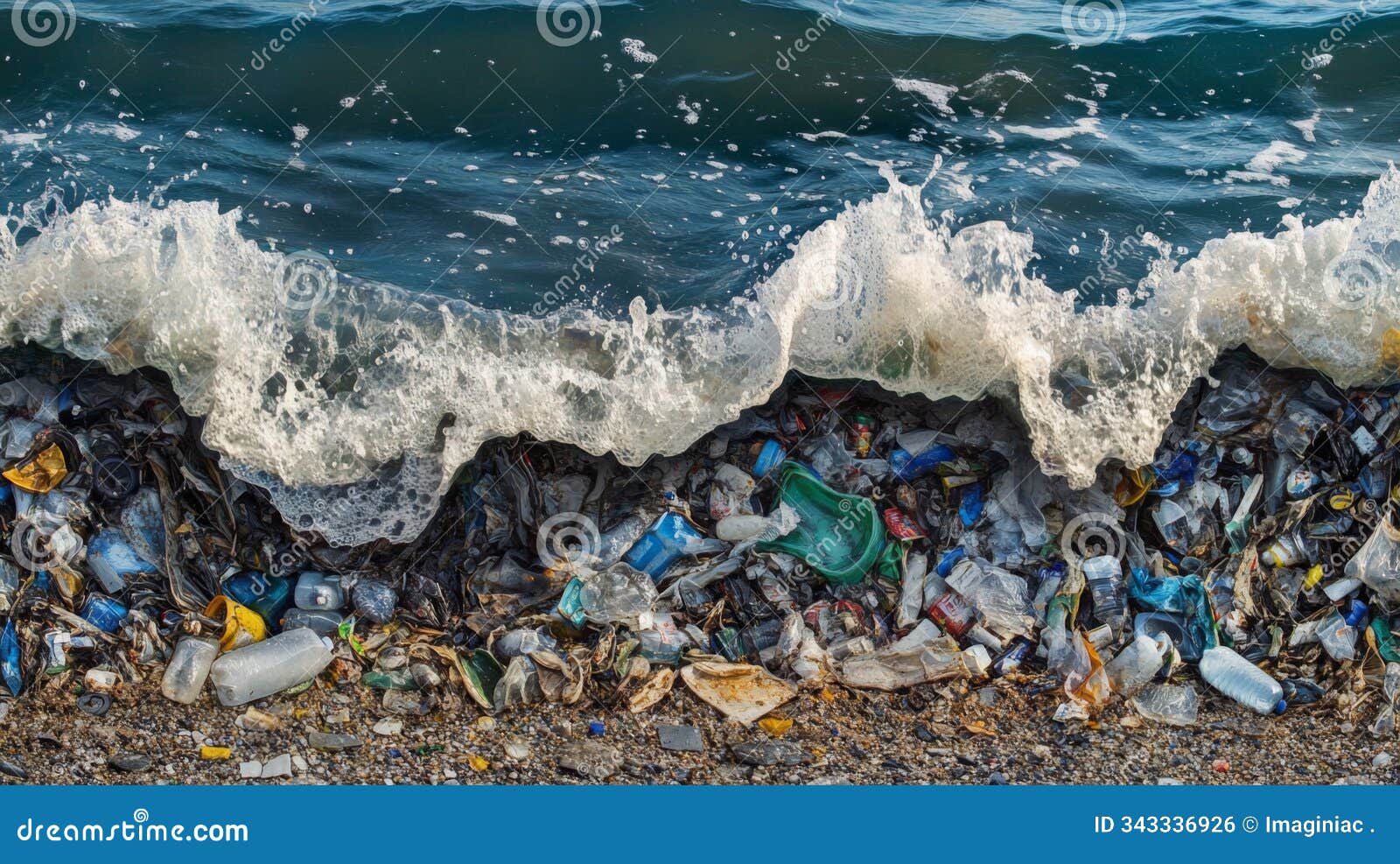 Ocean Wave Crashing Over a Beach Covered in Plastic Pollution Stock ...