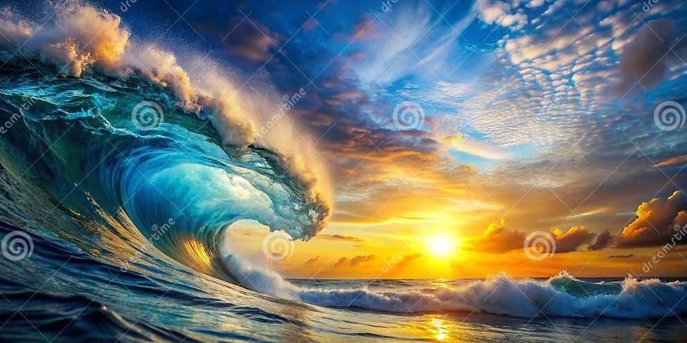 Ocean Wave Sun Clouds Blue Yellow Abstract Ocean Wave Ai Generated