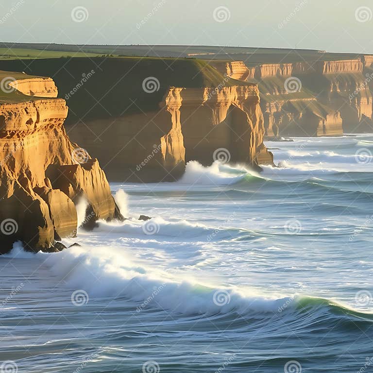Ocean Waves Against Cliffs in Morning Light Stock Illustration ...