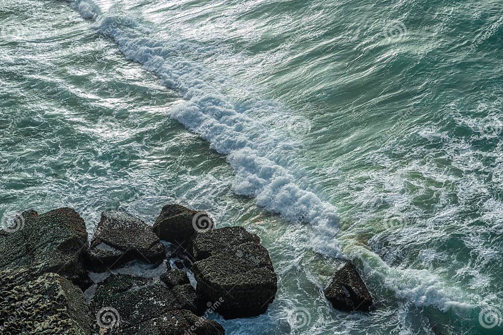 Ocean Waves Approaching Rocky Shore. Top View Stock Image - Image of ...