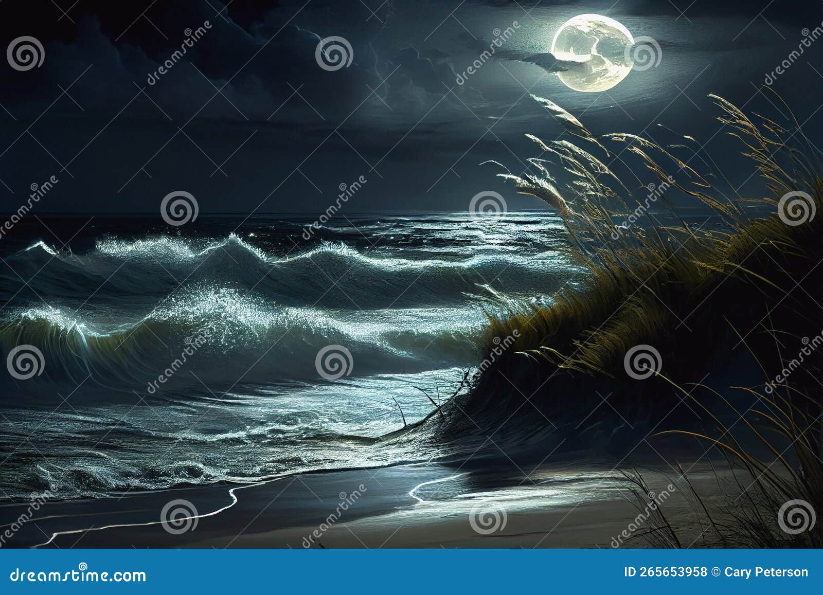 Ocean Waves on the Beach on a Moon Lit Night Stock Photo - Image of ...