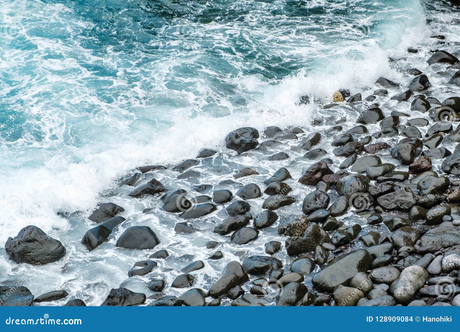 Ocean Waves on Black Pebble Stone Coast Stock Photo - Image of energy ...