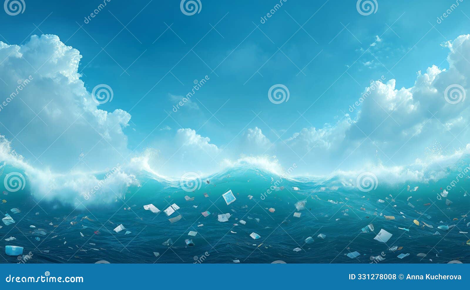 Ocean Waves Filled with Floating Plastic Waste Under a Bright Blue Sky ...