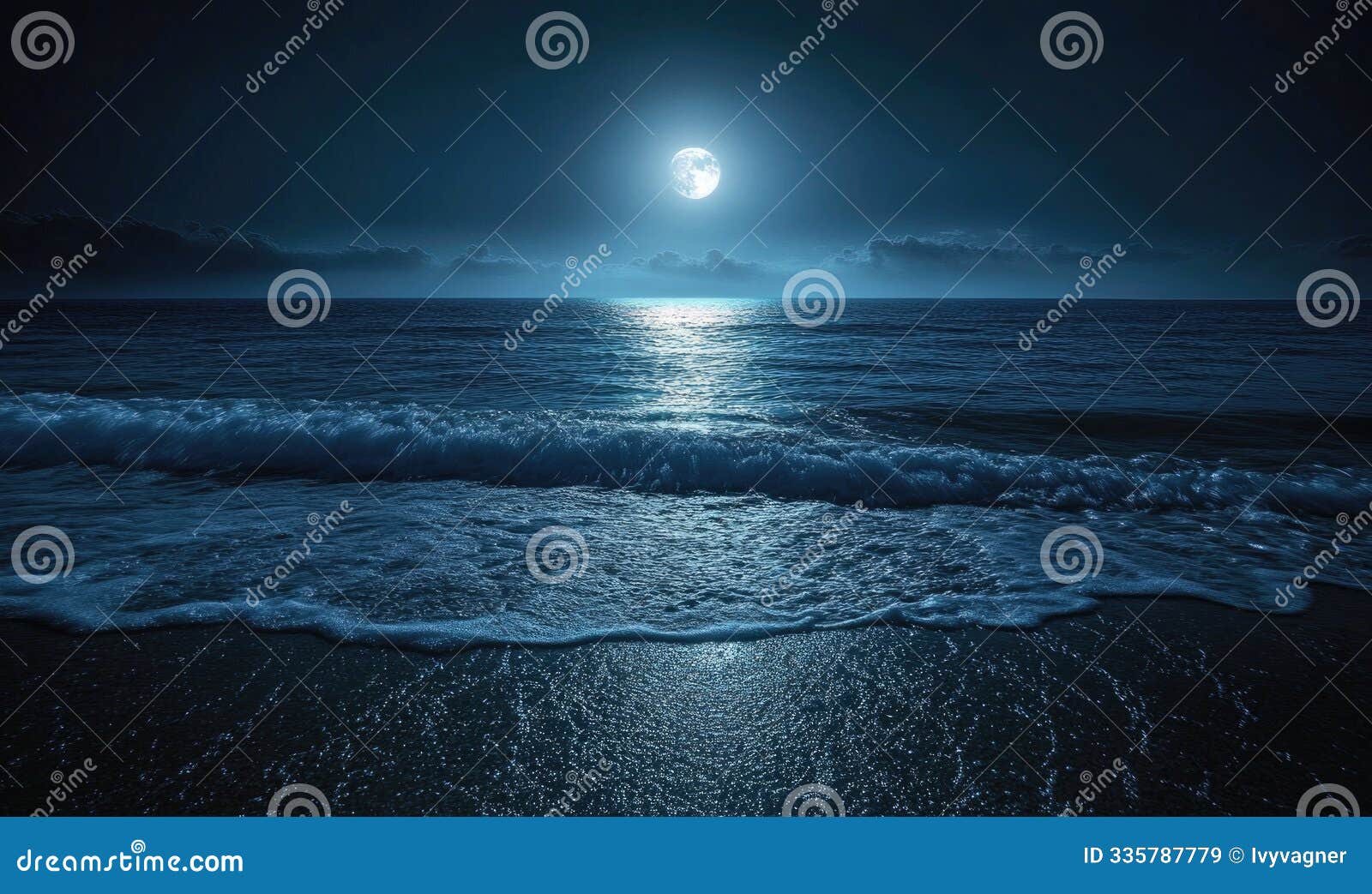 Ocean Waves Gently Rolling in, Bright Moonlight Casting a Shimmering ...