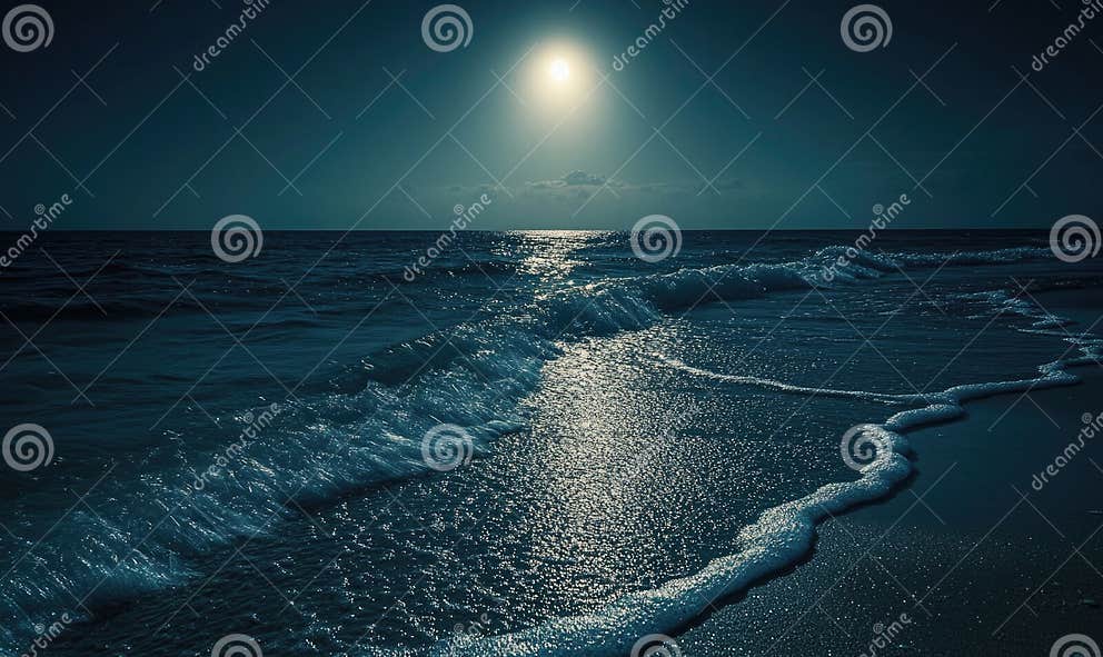 Ocean Waves Gently Rolling in, Bright Moonlight Casting a Shimmering ...