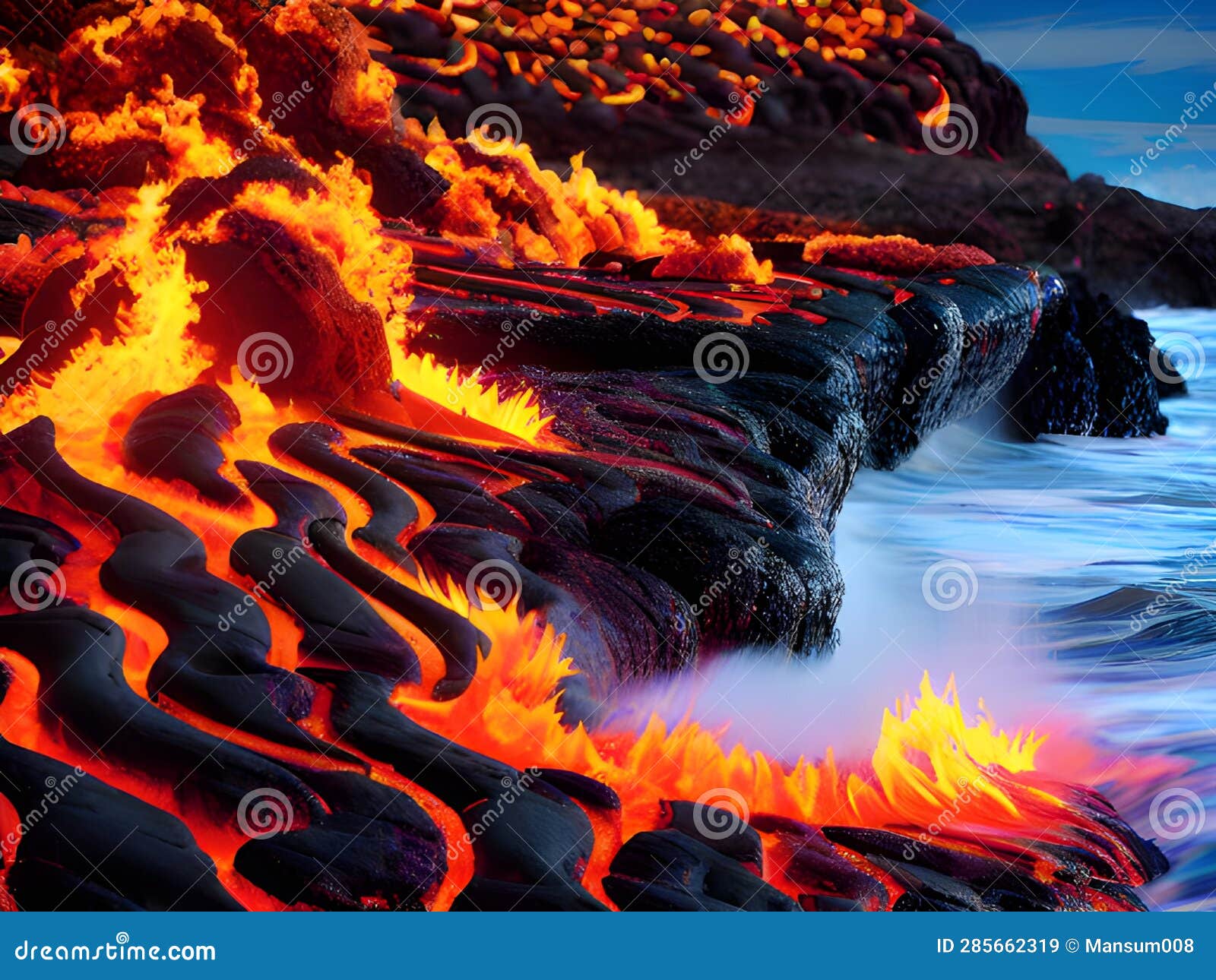Ocean Waves with Lava and Fire, Dark Smoke Rises To the Top, Ai ...