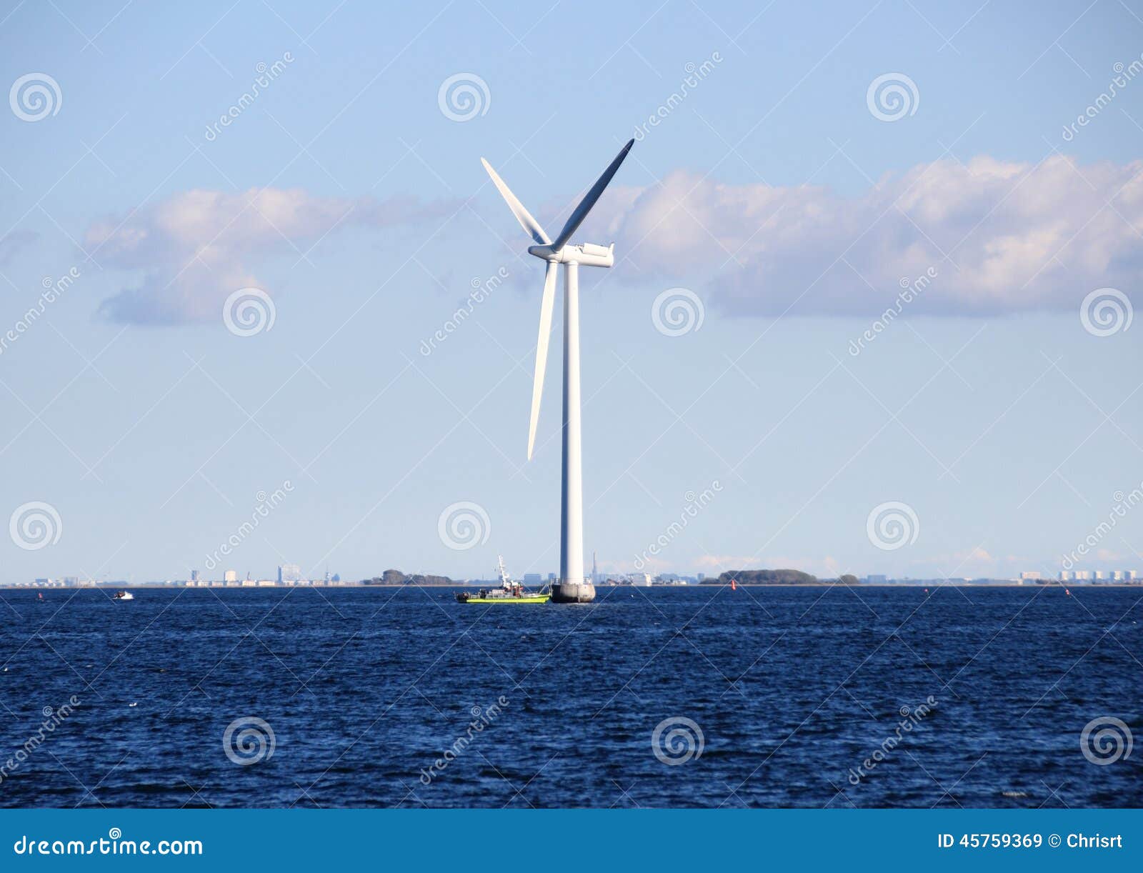 Ocean Windmill in Rough Sea with Inspection Ship Stock Image - Image of ...