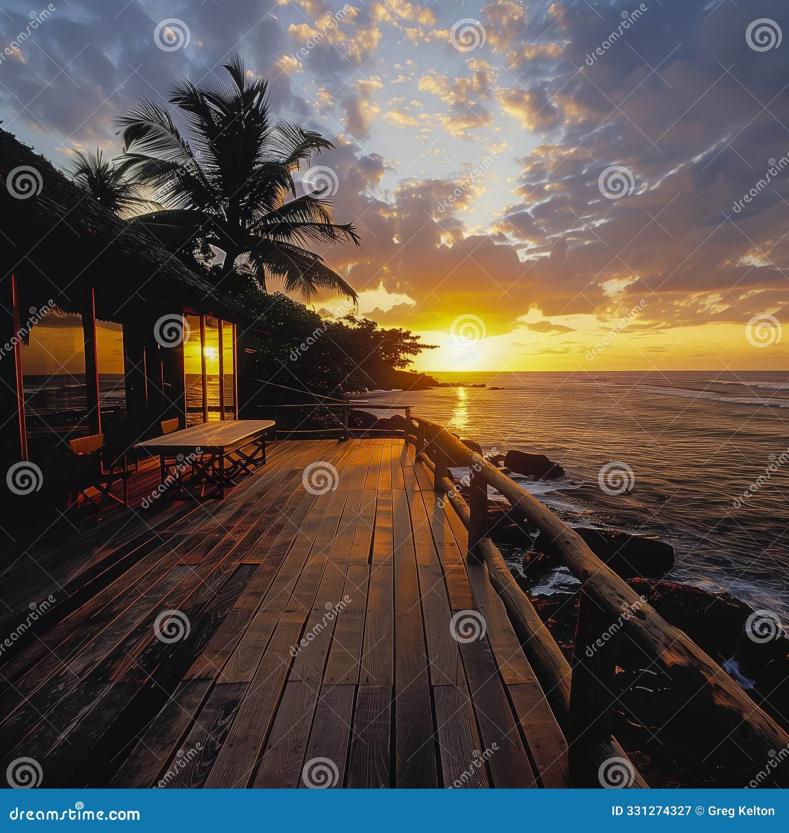 Oceanfront Deck at Sunset with Palm Trees Stock Illustration ...