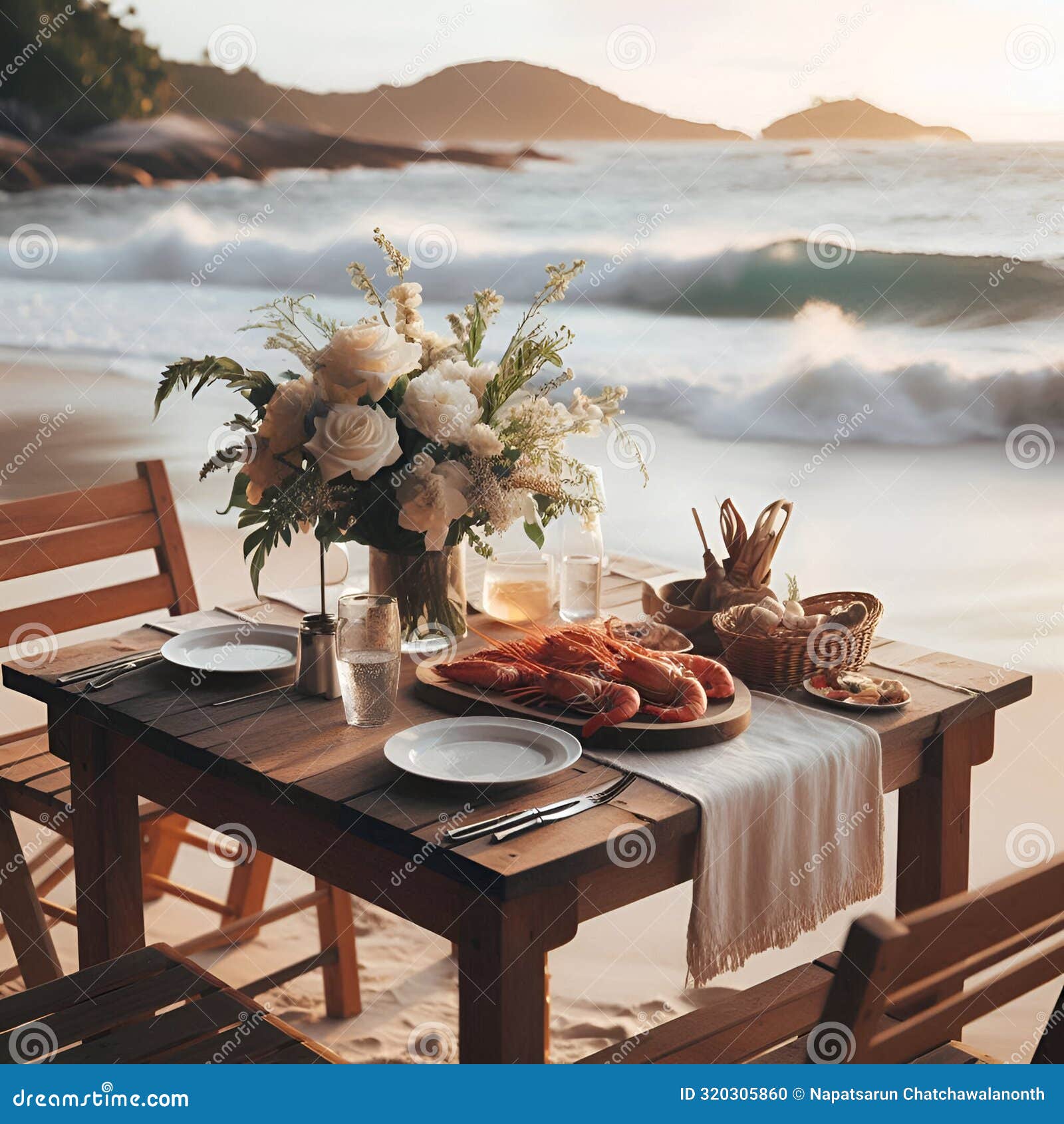 Oceanfront Dining: Grilled Shrimp and Luxurious Table Setting ...