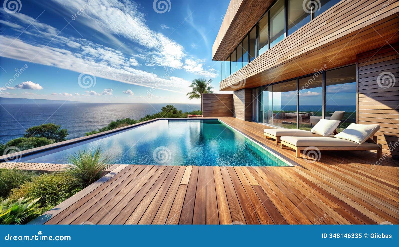 Oceanfront Modern Wood Deck, Infinity Pool, Azure Sky Stock Image | CartoonDealer.com #348146335