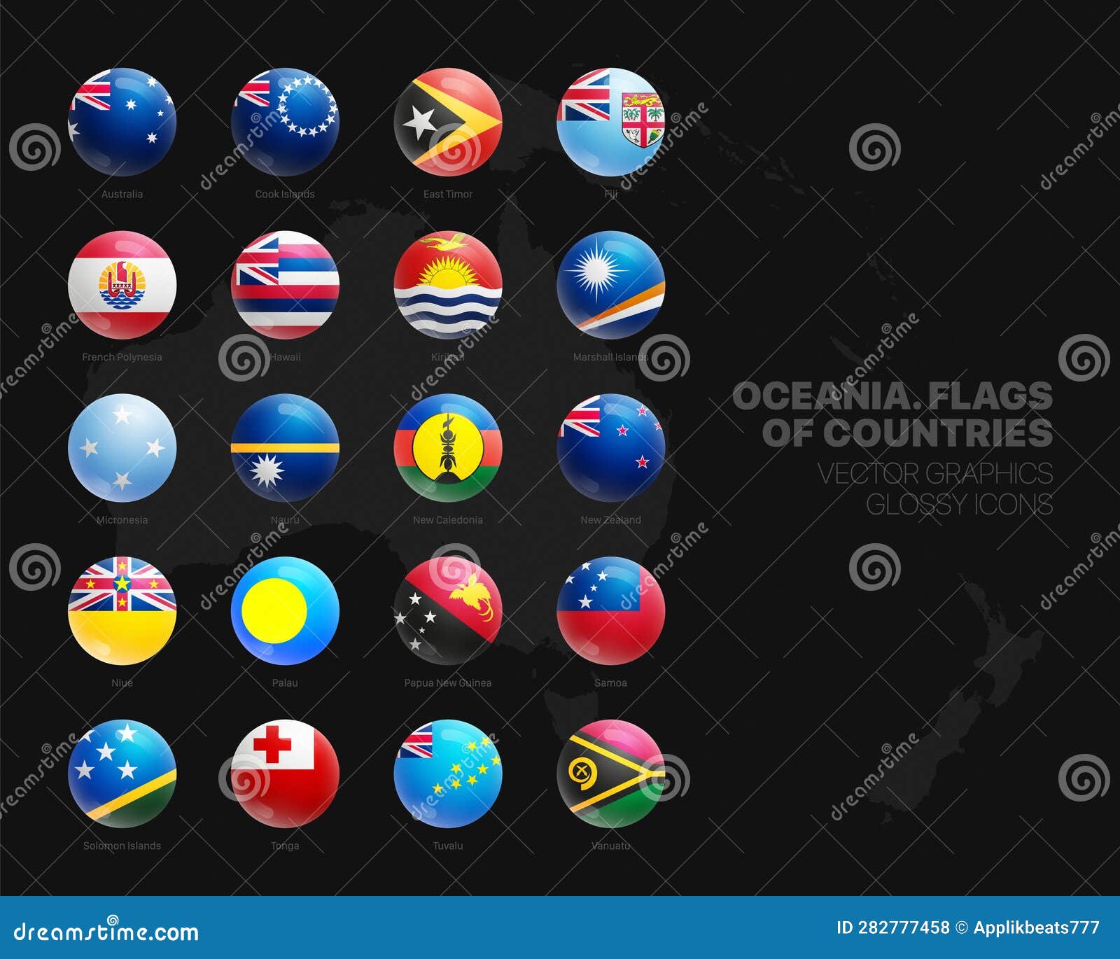 Oceania Countries Flags 3D Sphere Glossy Icons Set on Black Background ...