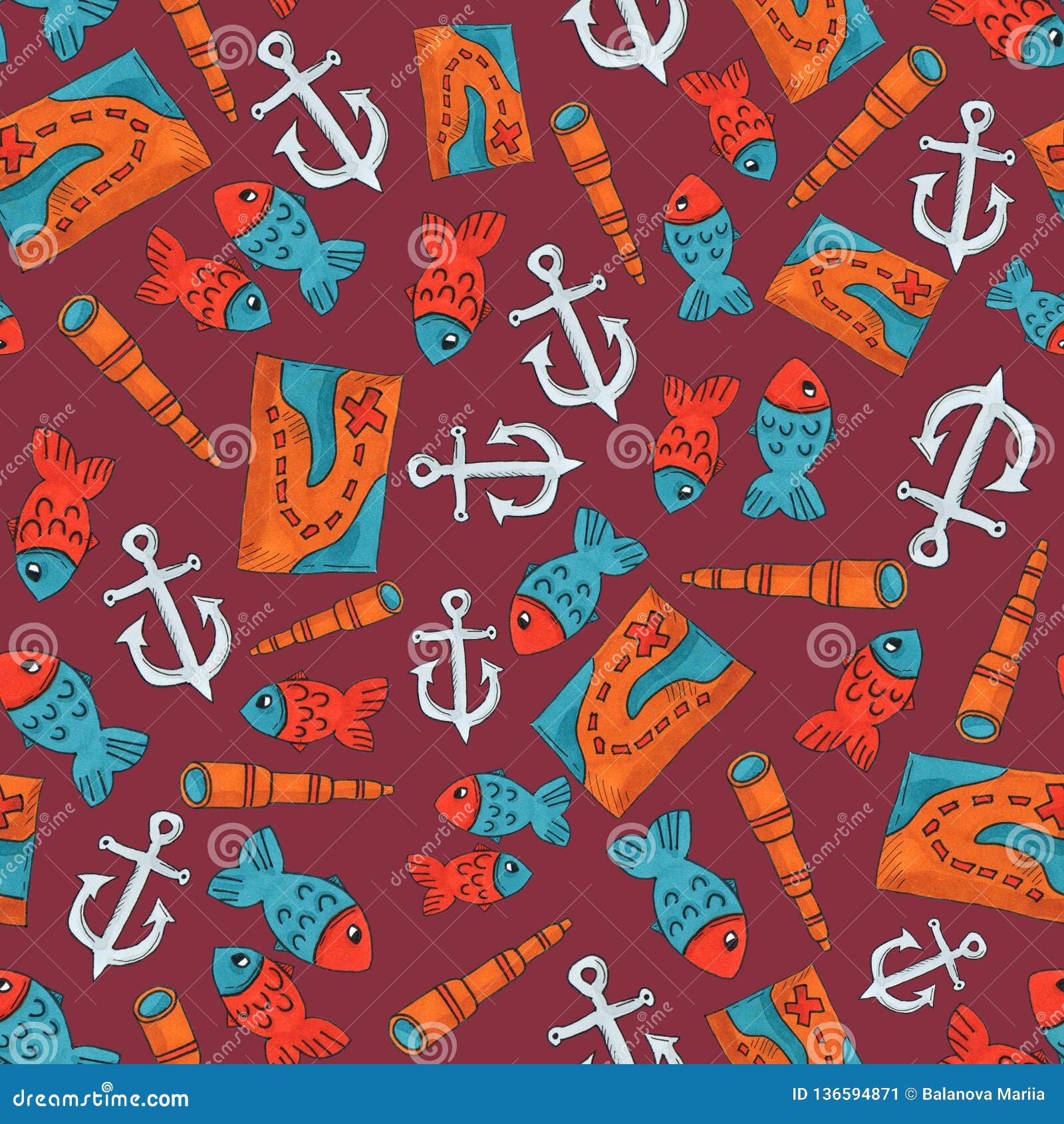Oceania Journey Seamless Pattern at Red. Colorful Objects Repeating ...