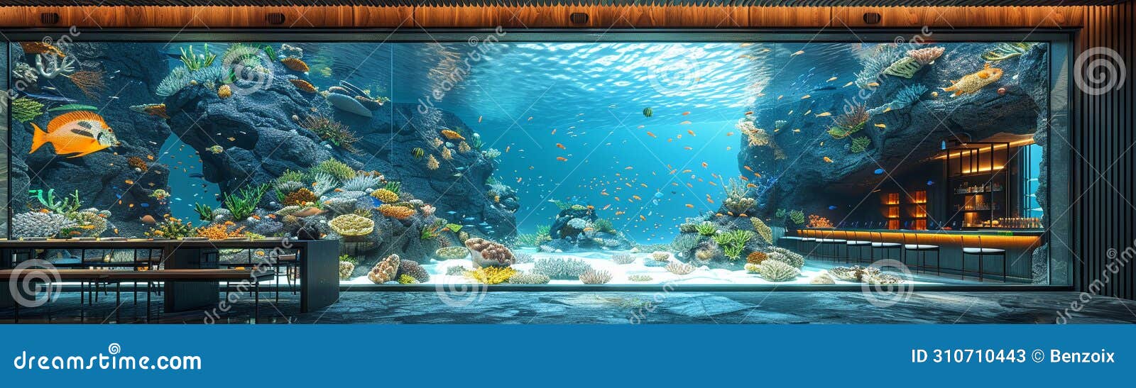Oceanic Themed Aquarium Restaurant with Floor-to-ceiling Tanks3D Render ...