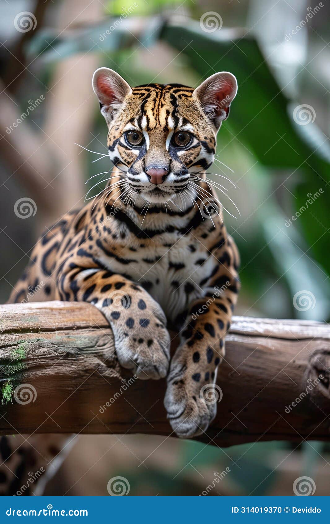 Ocelot on a tree branch stock illustration. Illustration of furry ...