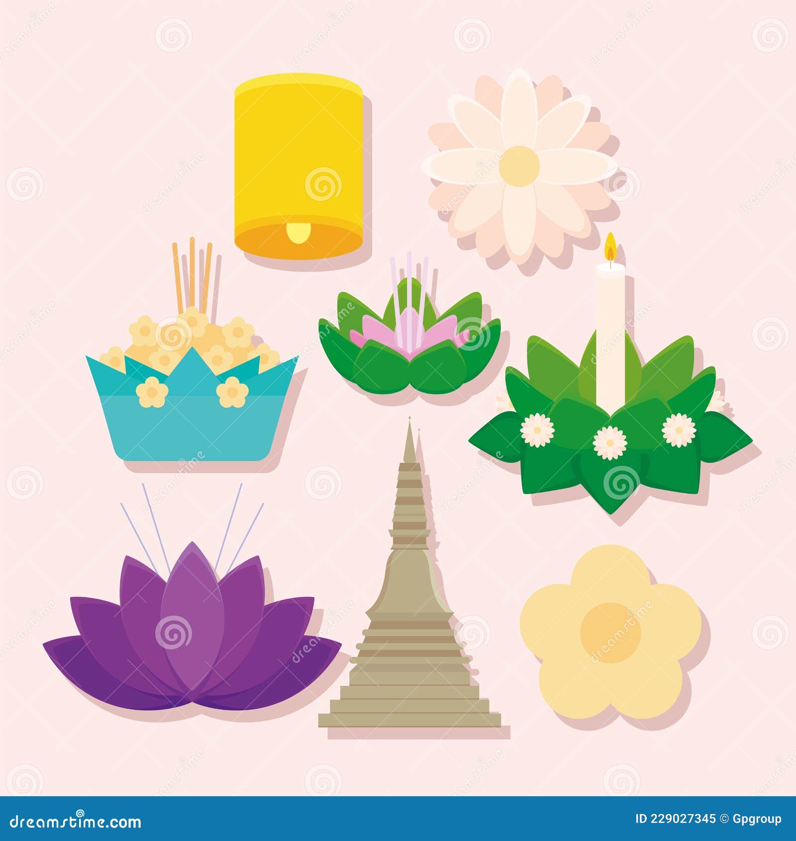 Ocho objetos loy krathong ilustración del vector. Ilustración de flor ...