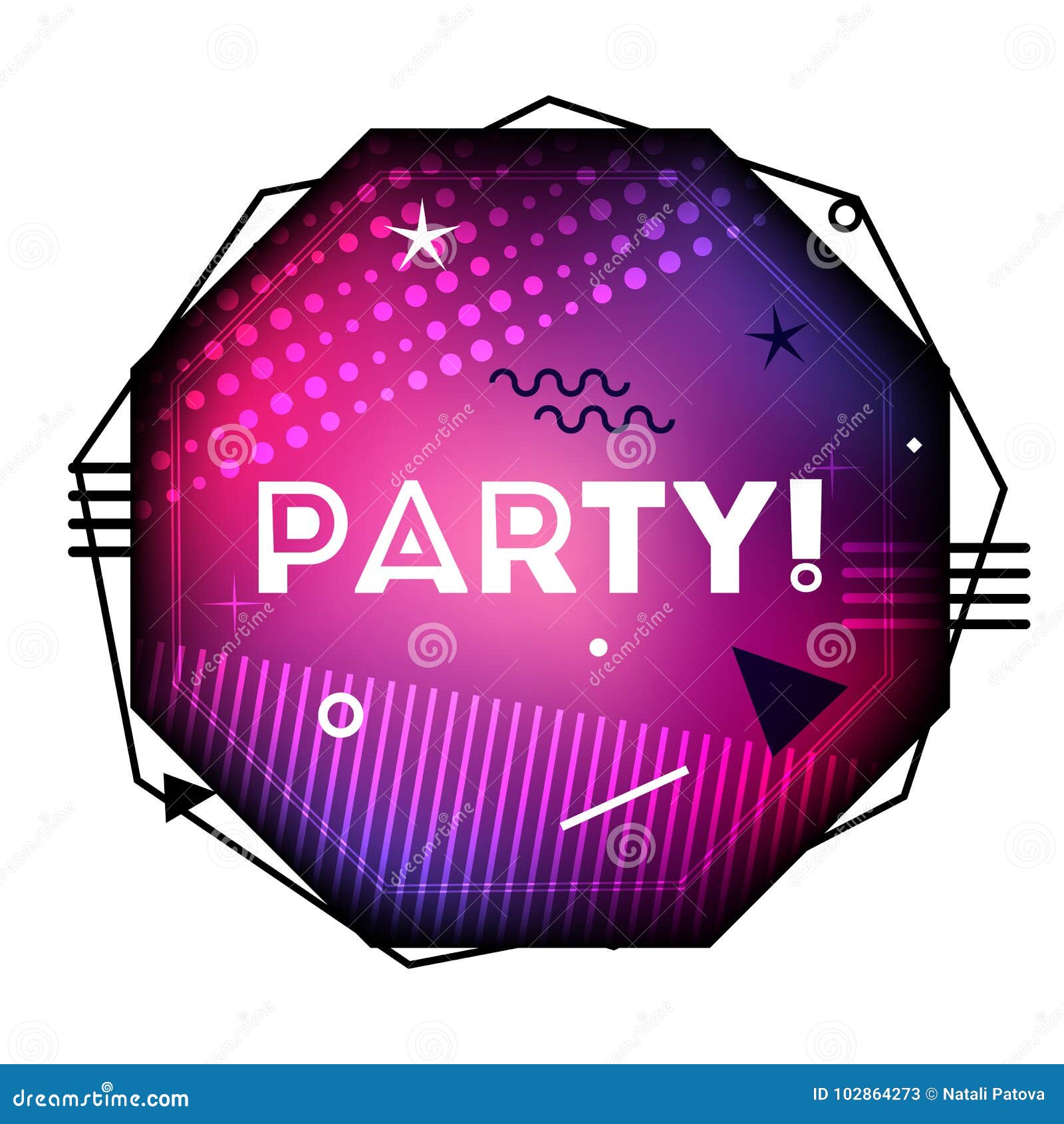 Octagonal Purple Poster in Memphis Style. Word Party in the Centre ...