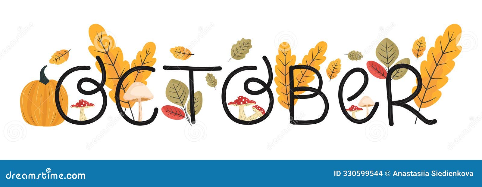 October Lettering Typography With Autumn Maple Leaf On White Isolated ...