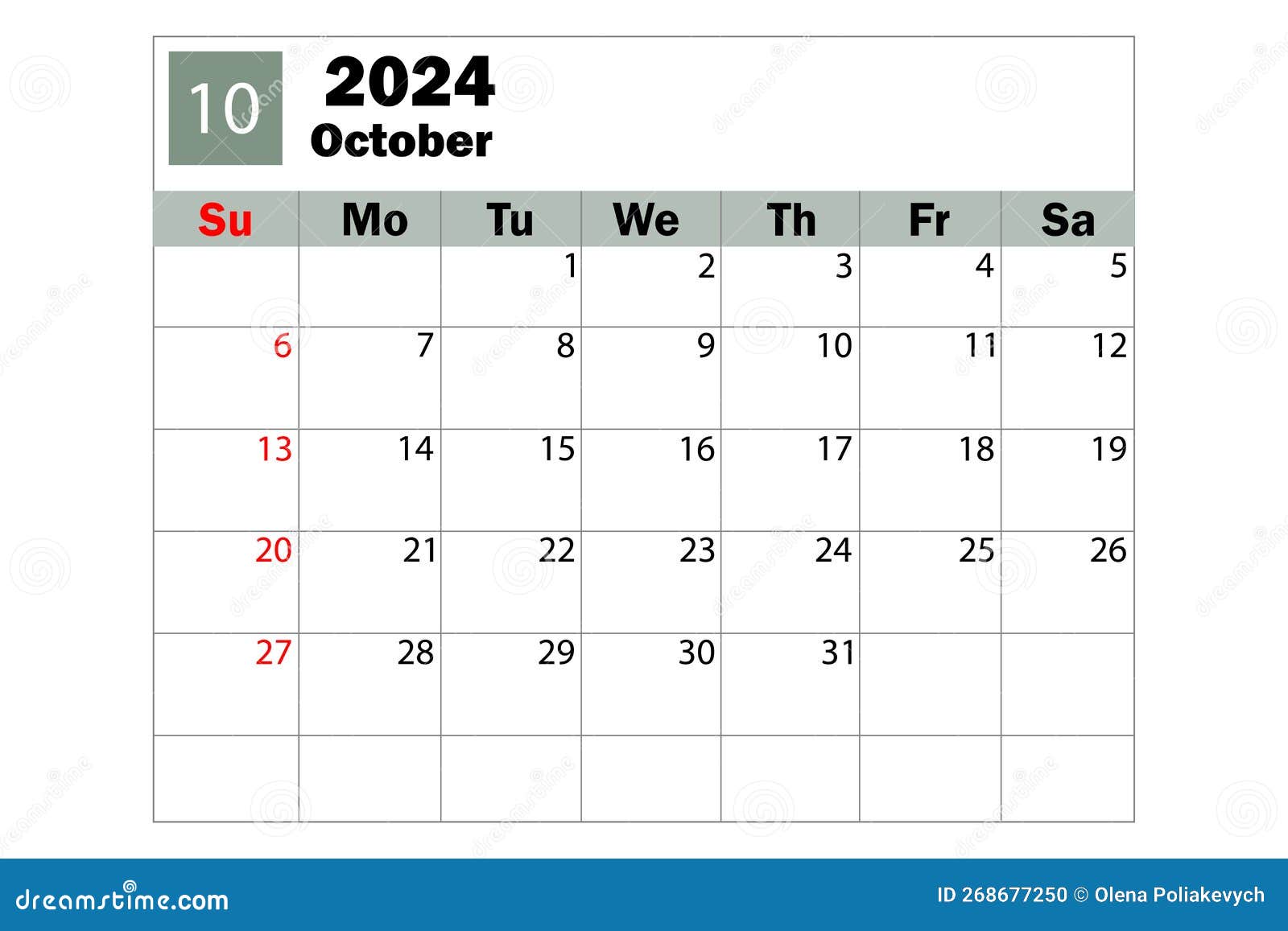 October 2024 Calendar. Diary Calendar. daily Planner. Vector ...