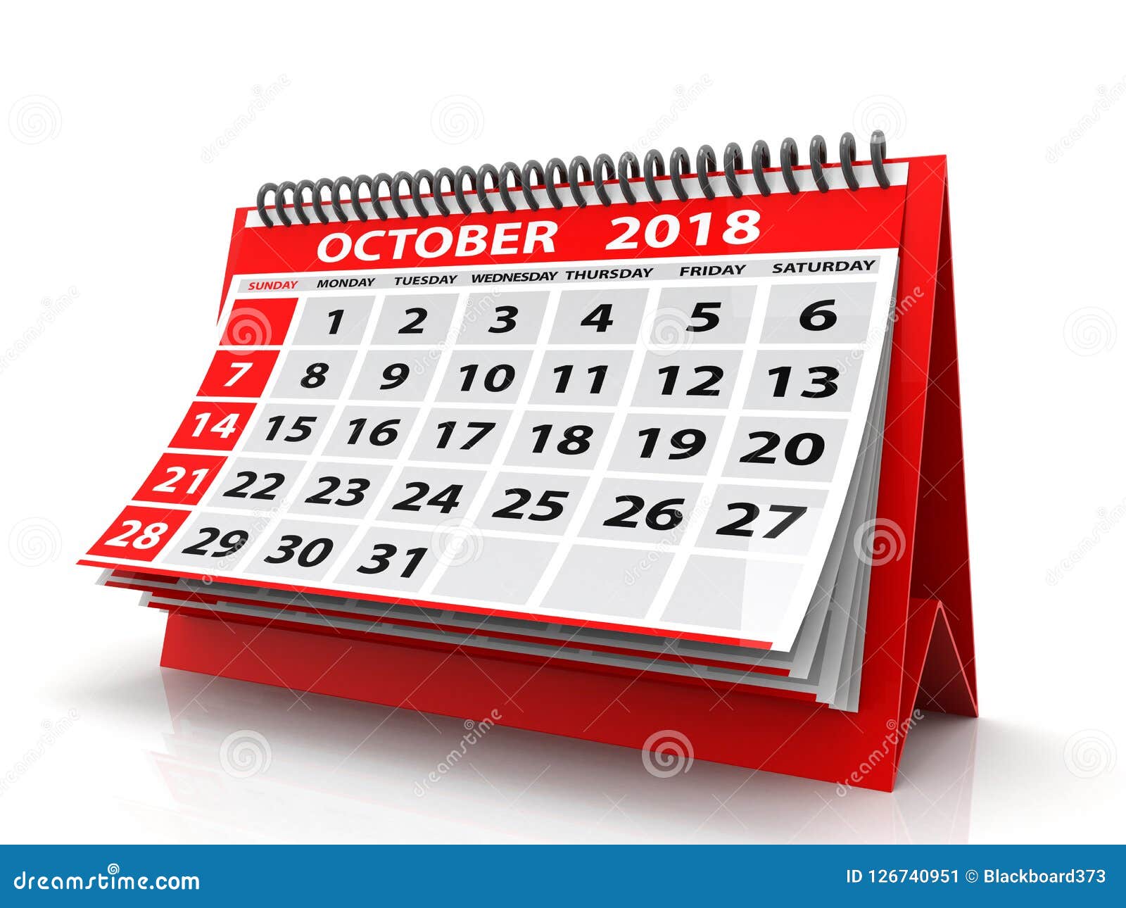 October 2018 Calendar. Isolated on White Background. 3d Render Stock ...