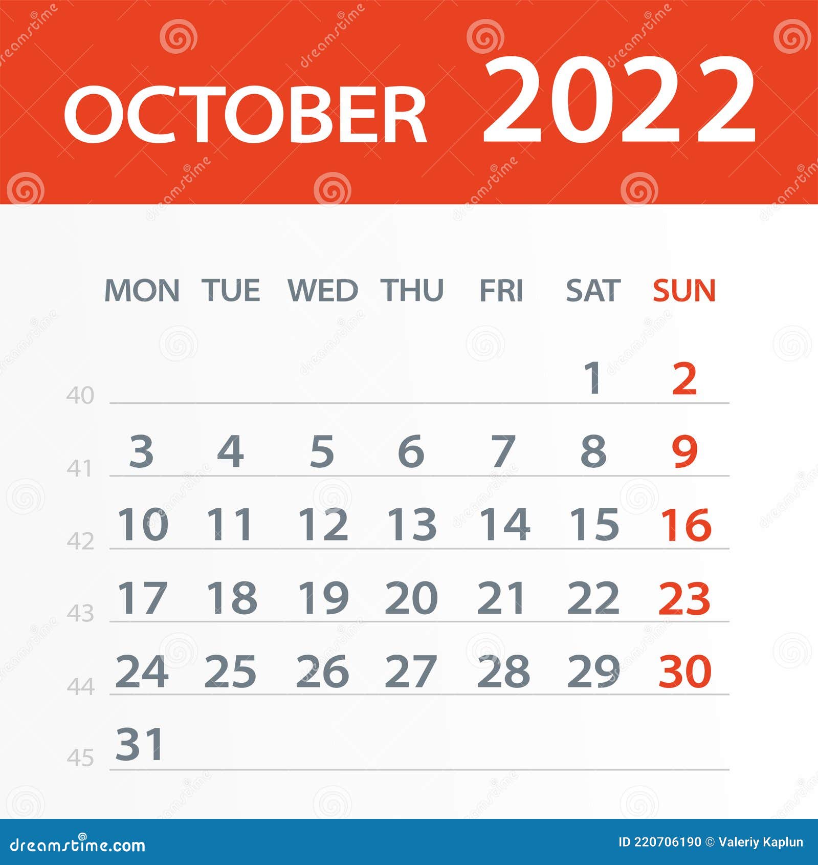 October 2022 Calendar Leaf - Vector Illustration. Week Starts on Monday ...