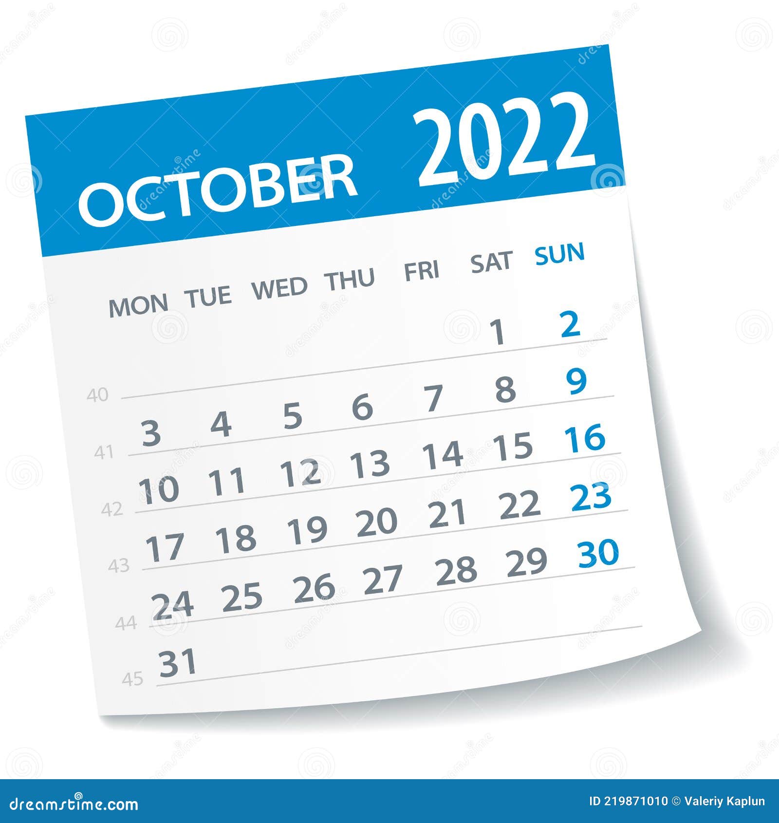 October 2022 Calendar Leaf. Week Starts on Monday. Vector Illustration ...