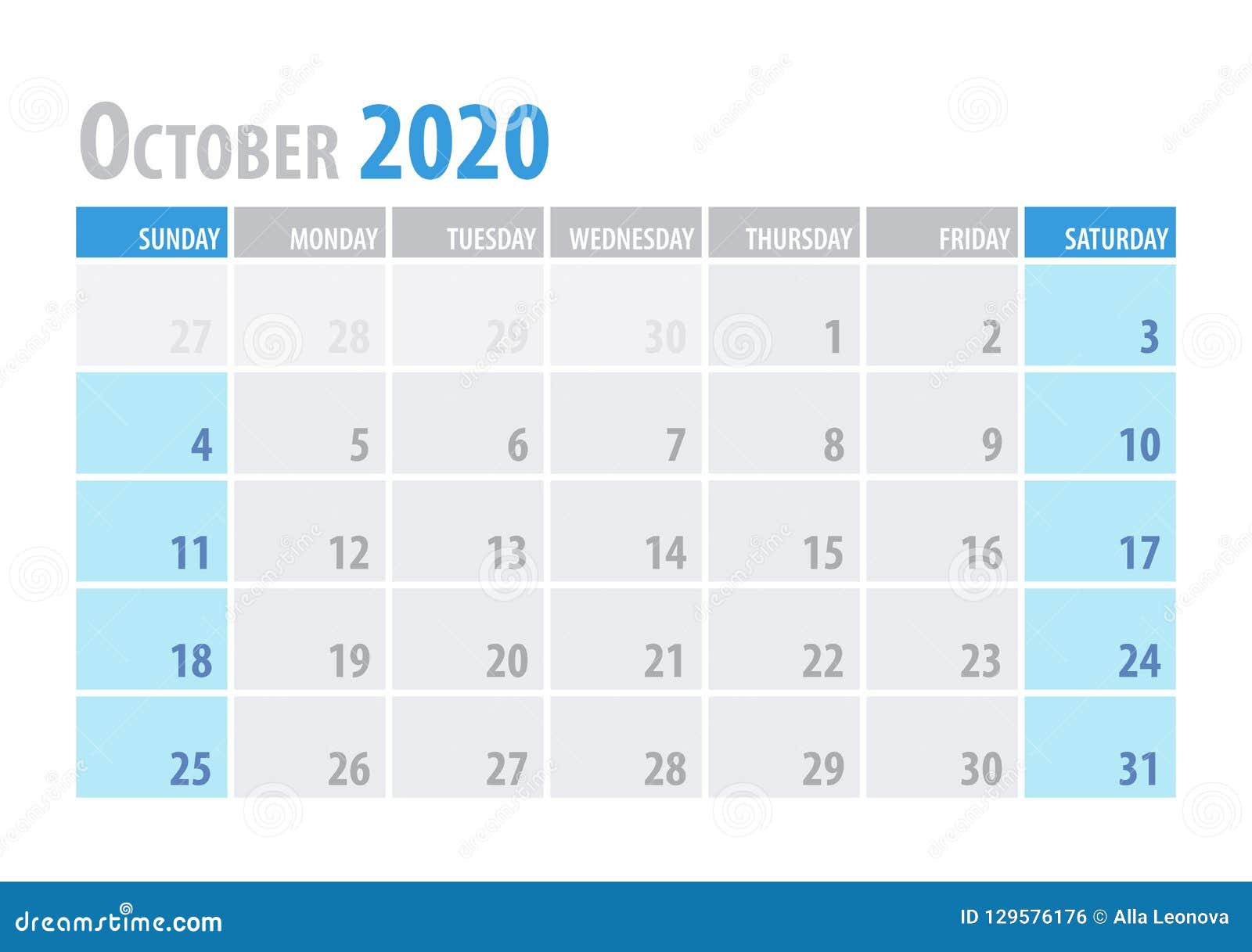 October. Calendar Planner 2020 in Clean Minimal Table Simple Style ...