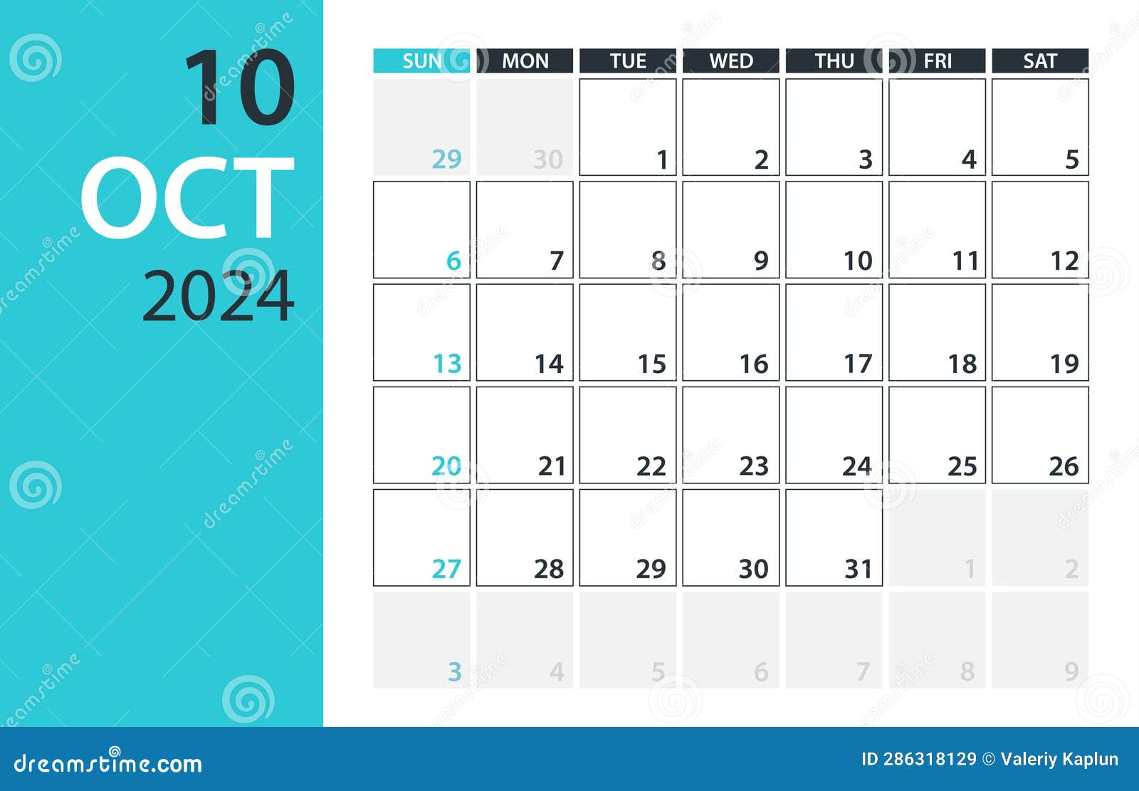 October 2024 Template, Calendar 2024 Design Vector, Planner Layout ...