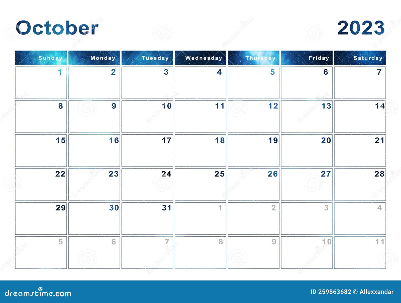 October 2023 Calendar, Week Start Sunday Stock Illustration ...