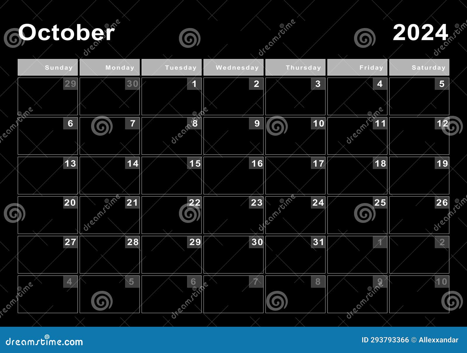 October 2024 Calendar, Week Start Sunday Stock Illustration ...