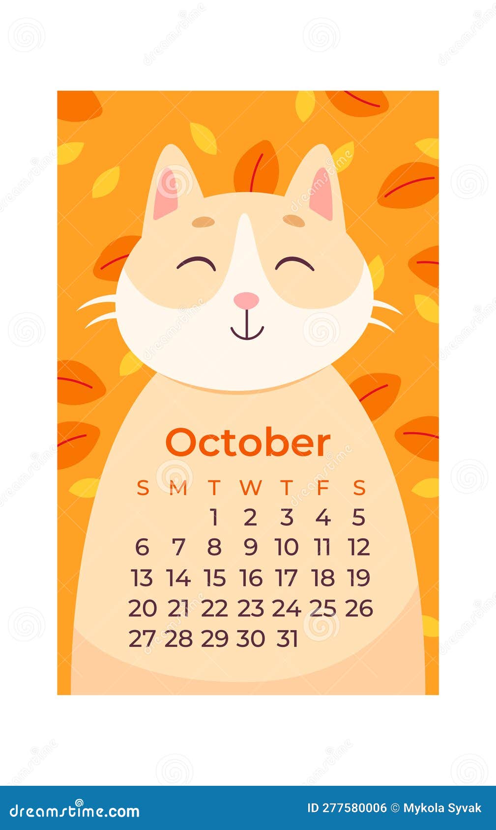 October Cat Calendar stock vector. Illustration of template - 277580006