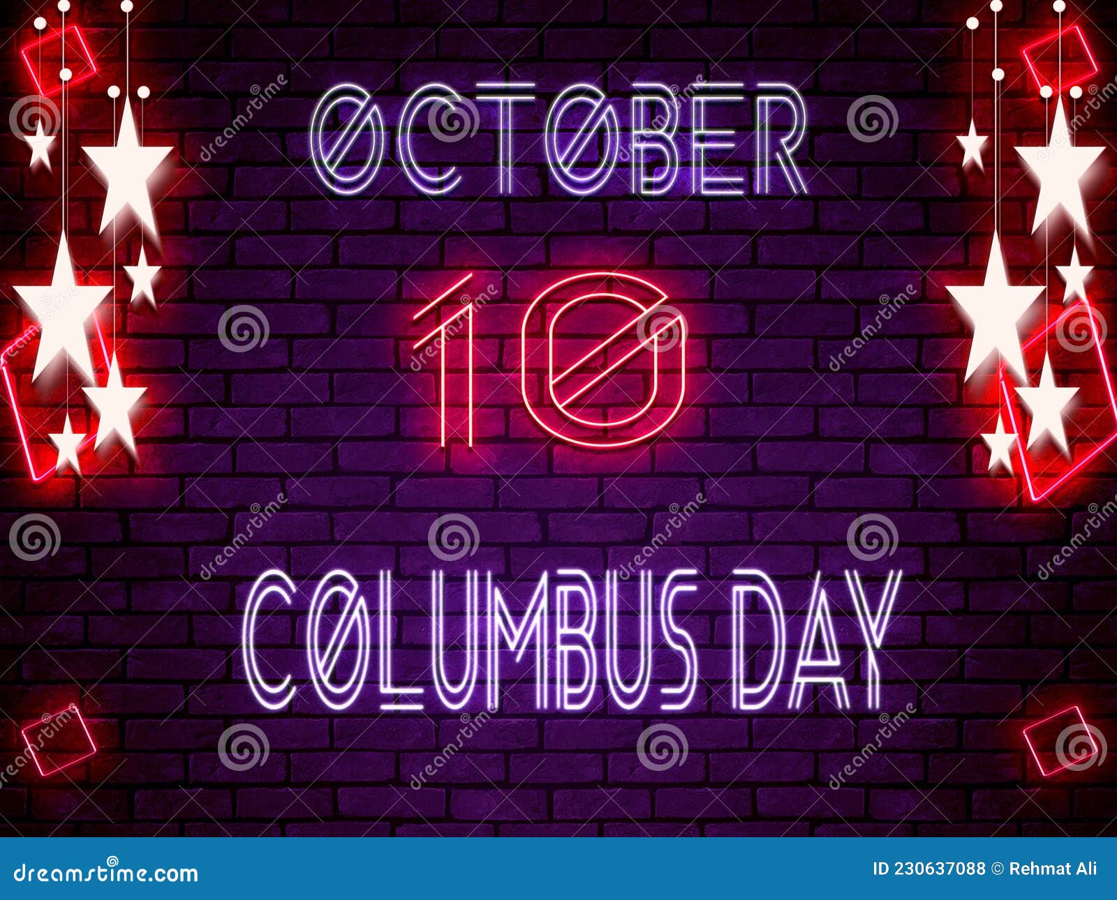 10 October, Columbus Day, Neon Text Effect on Bricks Background Stock ...