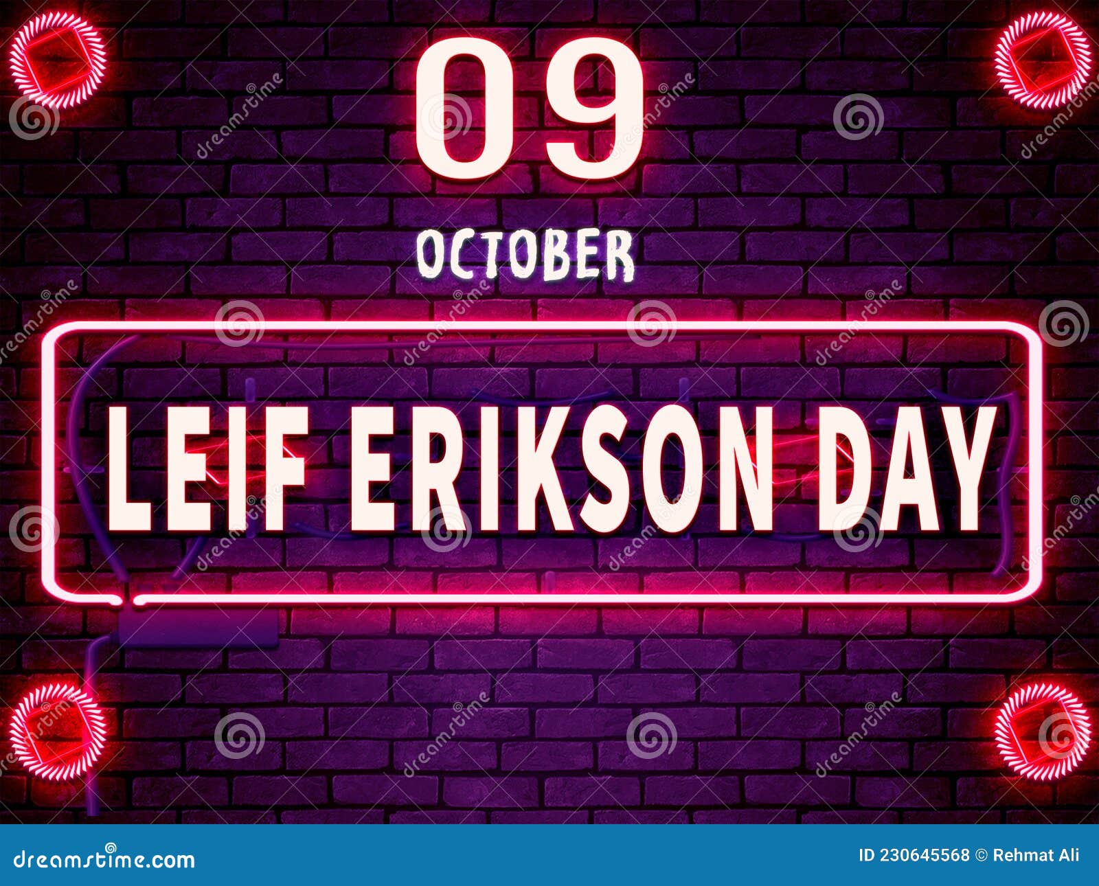 09 October Leif Erikson Day Neon Text Effect On Bricks Background