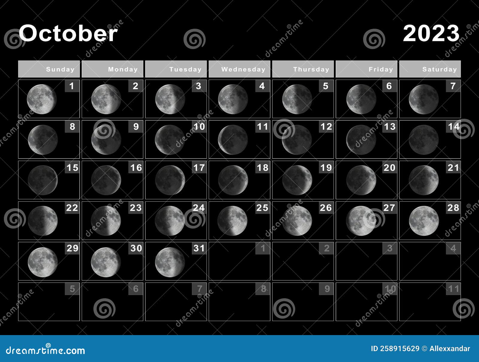 October 2023 Lunar Calendar, Moon Cycles Stock Illustration ...