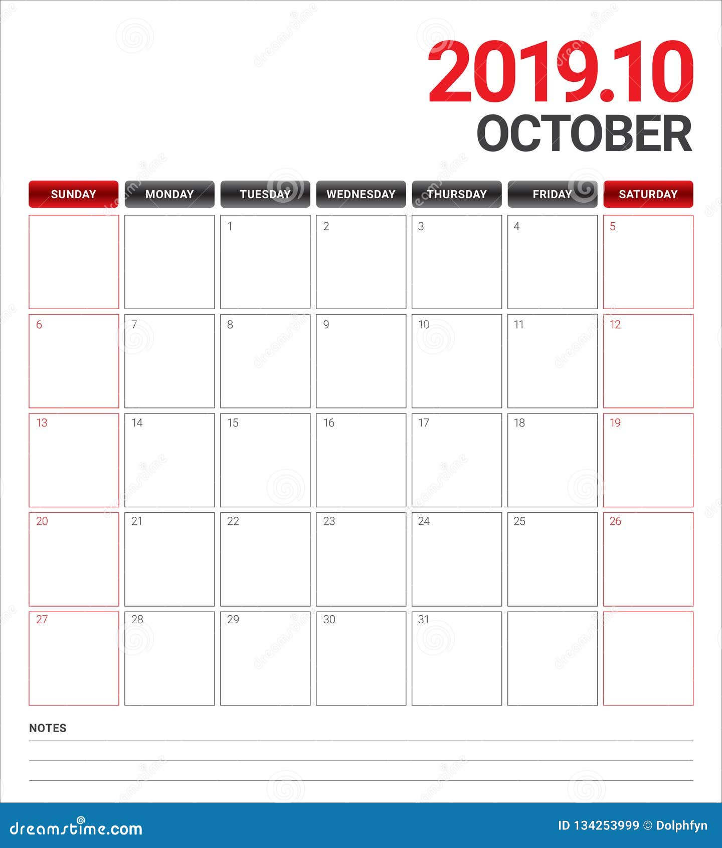 October 2019 Monthly Calendar Vector Illustration Stock Vector ...
