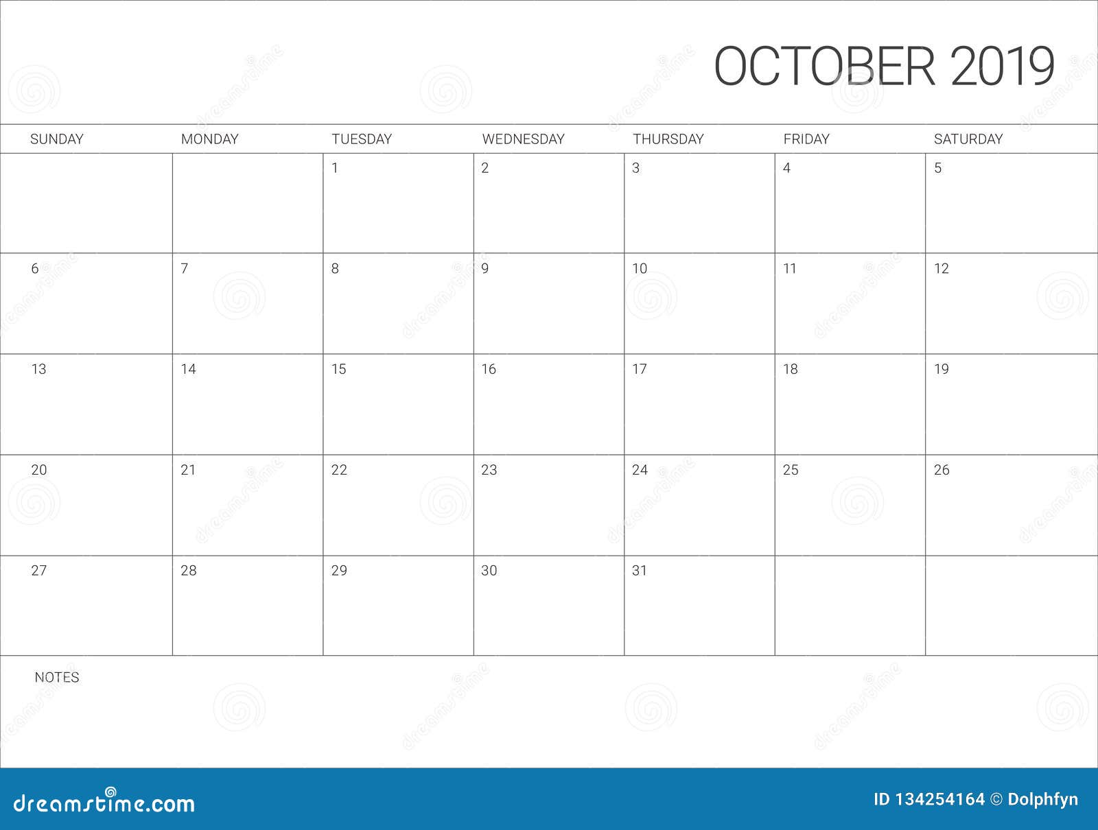 October 2019 Simple Calendar Planner, Week Starts From Monday Vector ...