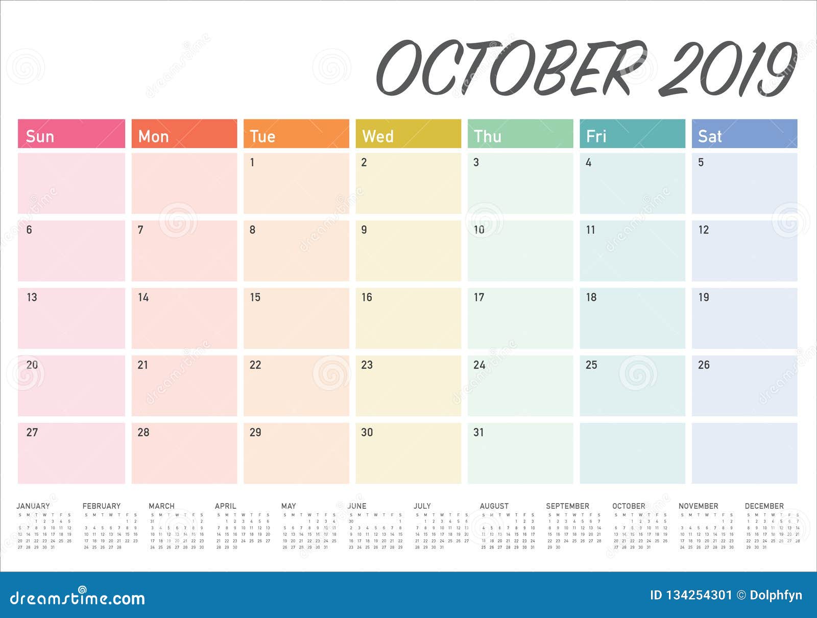 October 2019 Monthly Calendar Vector Illustration Stock Vector ...