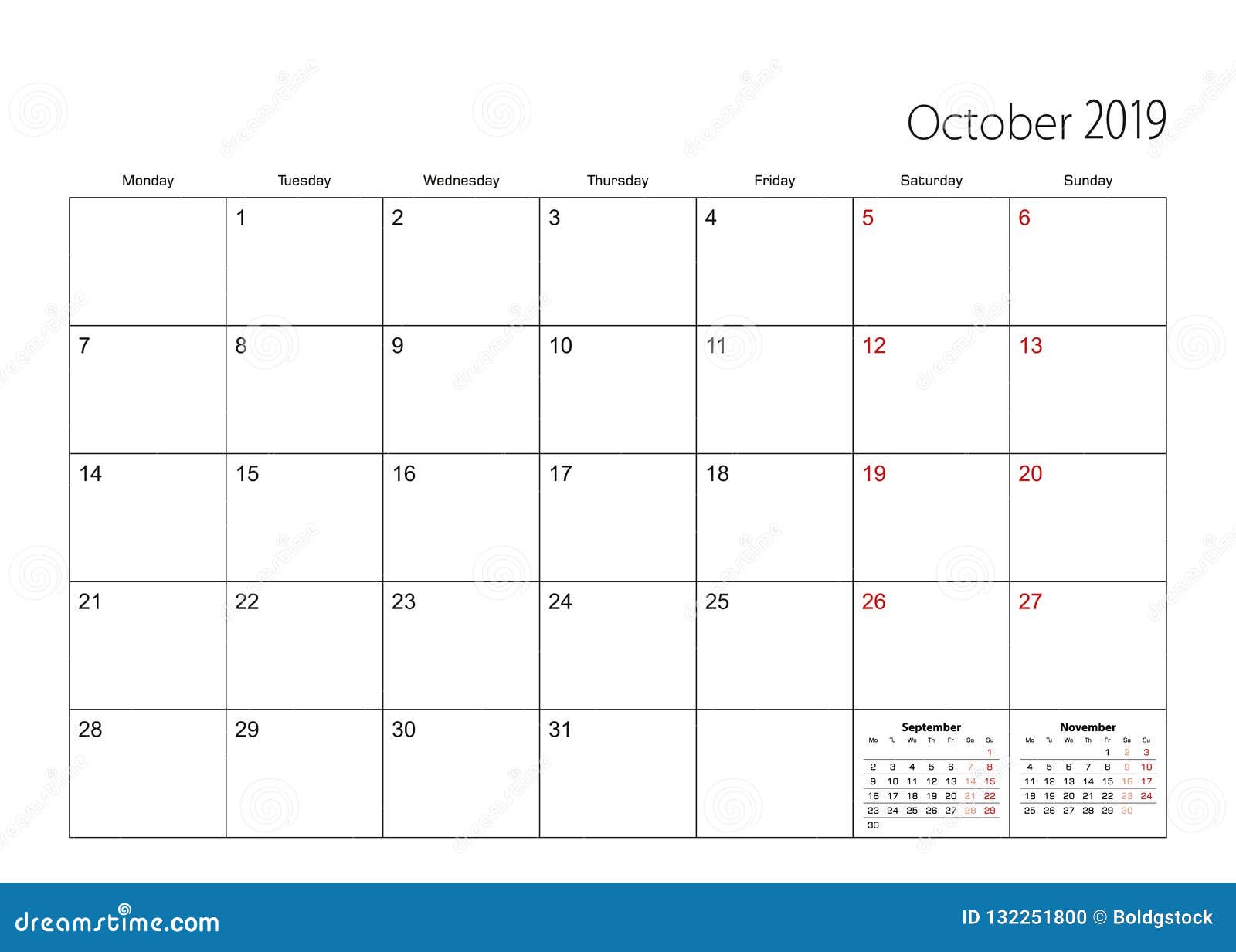 October 2019 Simple Calendar Planner, Week Starts from Monday Stock ...