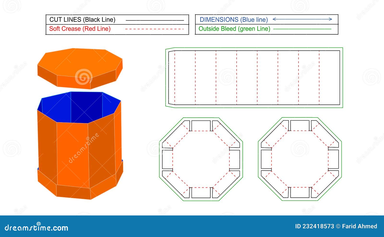 Octogonal Circular 3 Lid Box by Glued Assemble Dieline Template 3D ...